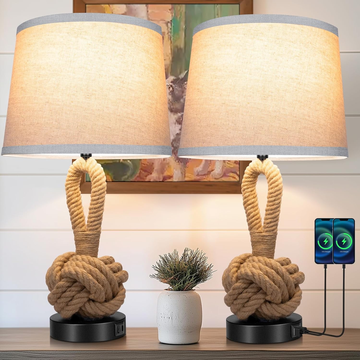 22" Rope Lamps for Night Stands, Bedside Lamps Set of 2, Boho Table ...