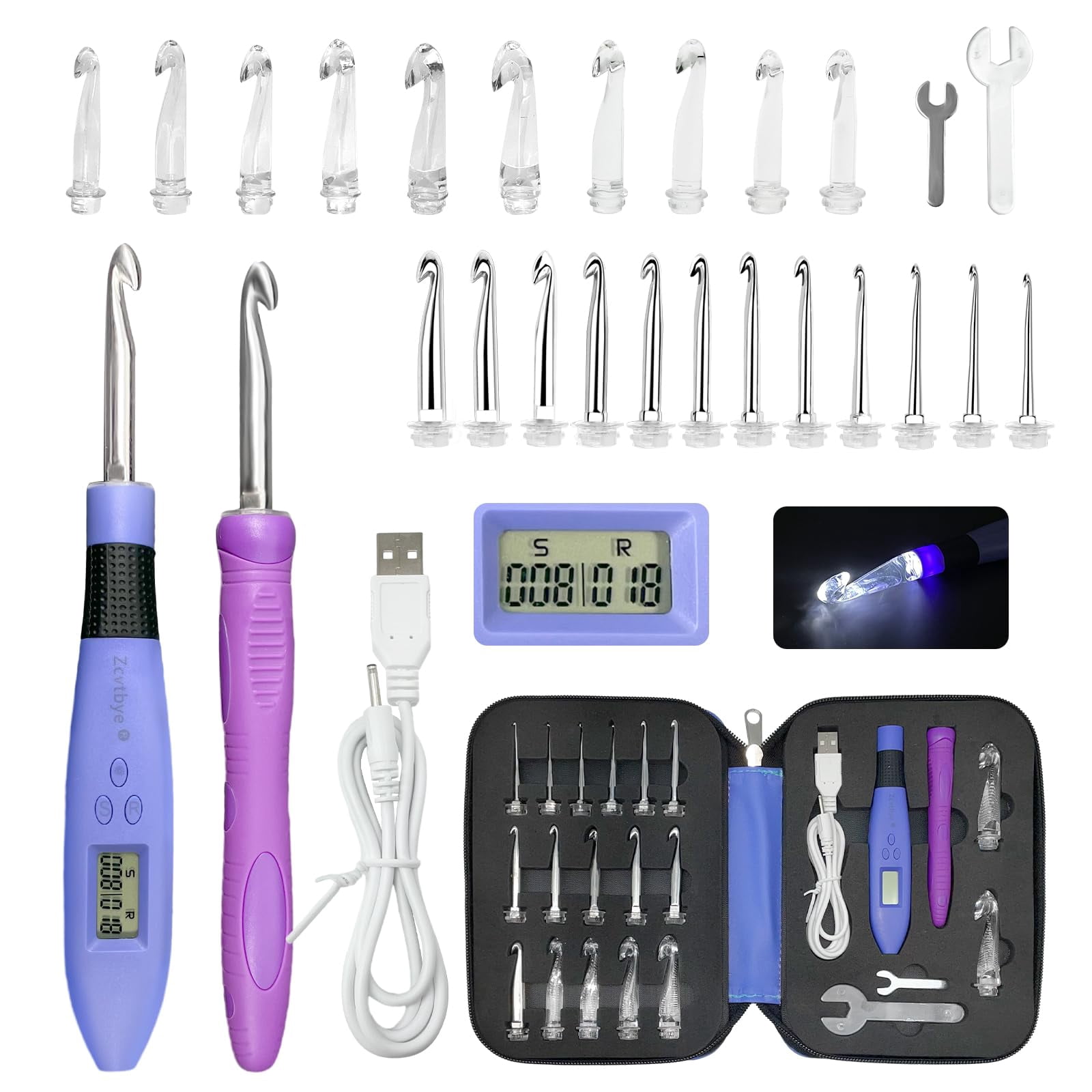 22 Size Counting Crochet Hooks Set with LED Light & Digital Stitch ...