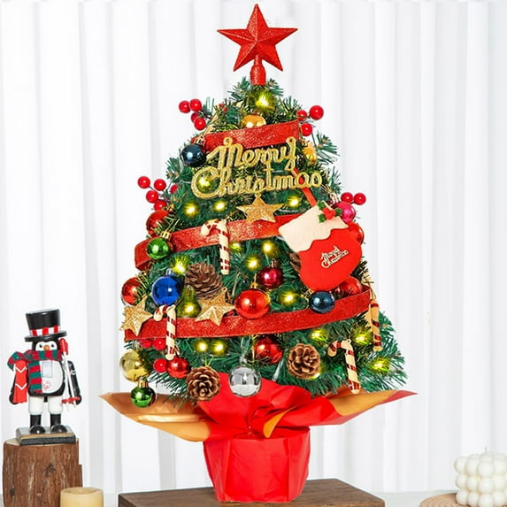 22" Tabletop Christmas Tree, Artificial Mini Xmas Pine Tree with LED ...