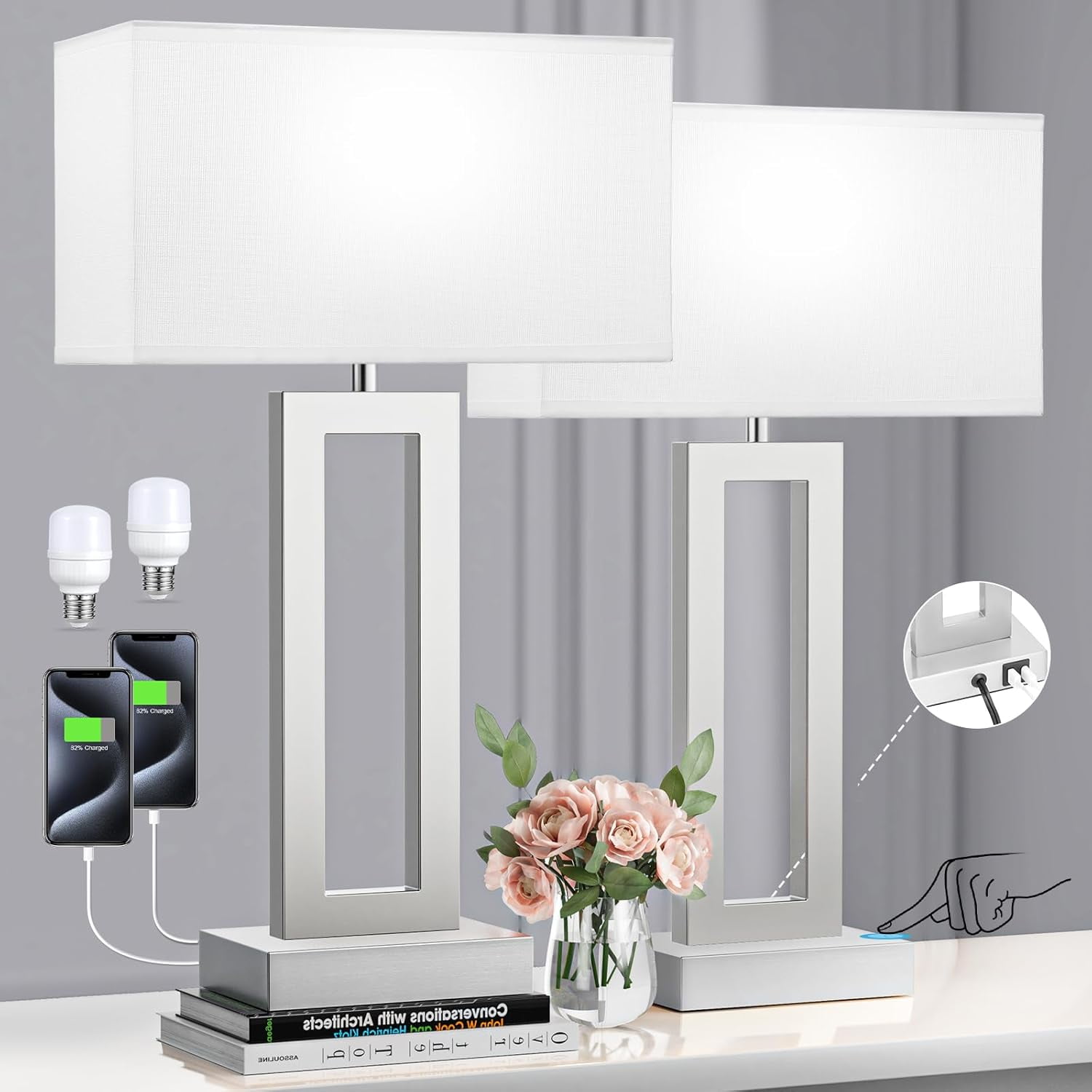 22" Tall Bedroom Lamps for Living Room - Touch Brushed Nickel Bedside ...