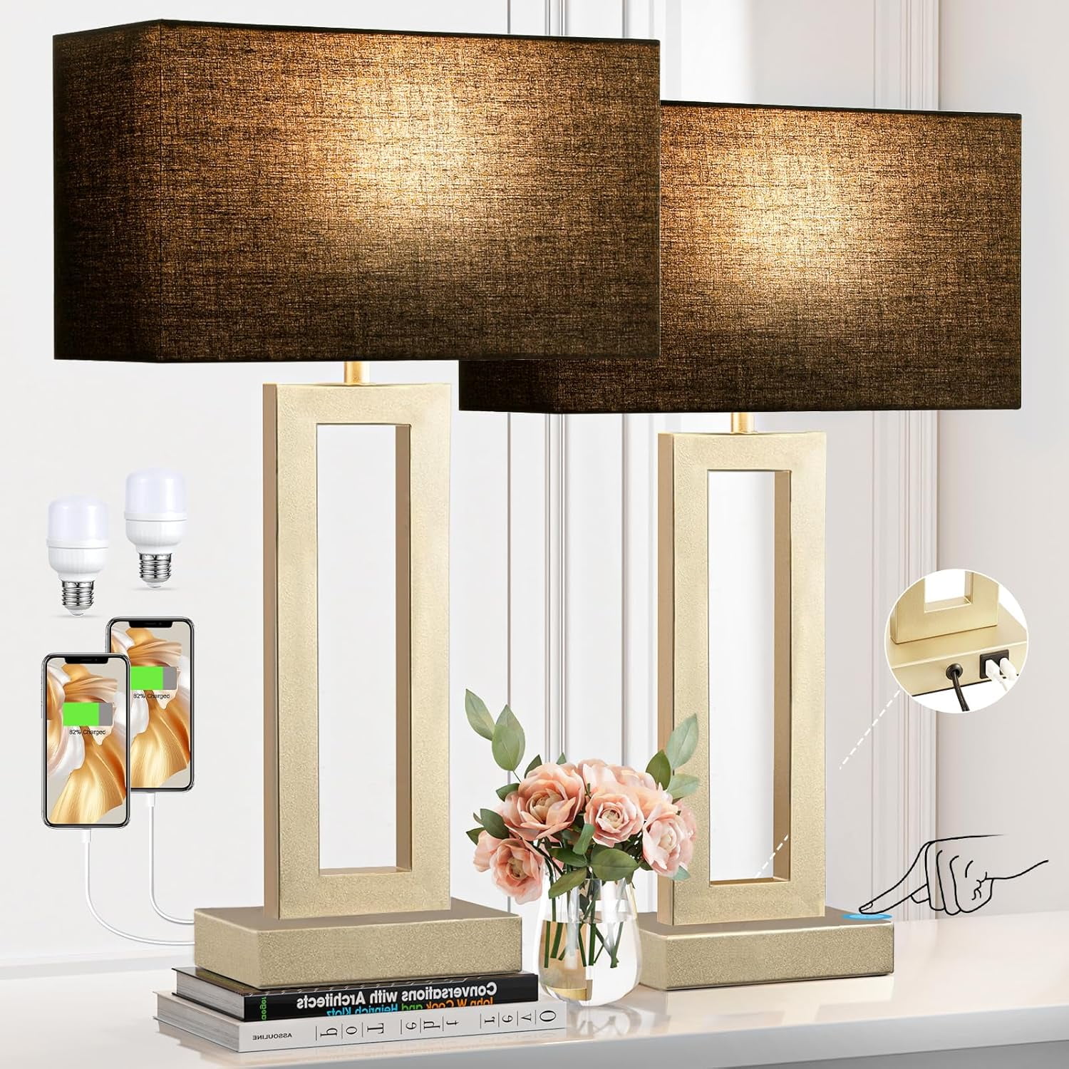 22" Tall Bedroom Lamps for Living Room - Touch Gold Bedside Lamps with ...