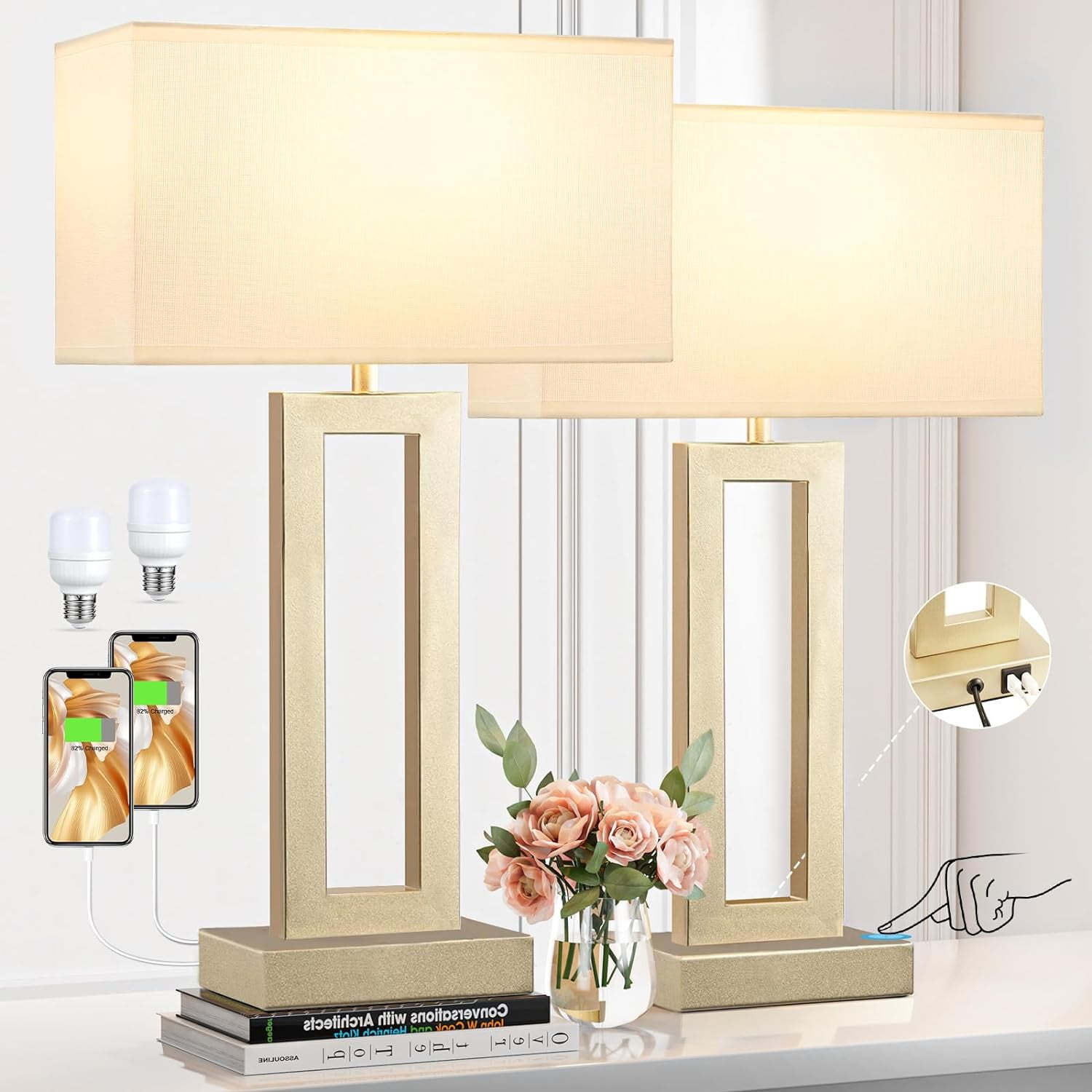 22" Tall Bedroom Lamps for Living Room - Touch Gold Bedside Lamps with ...