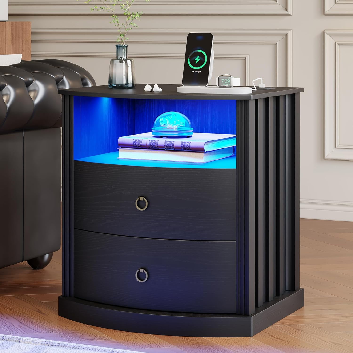 22" W Curved Nightstand with LED Lights & USB/Type-C Ports, 2 Drawers ...