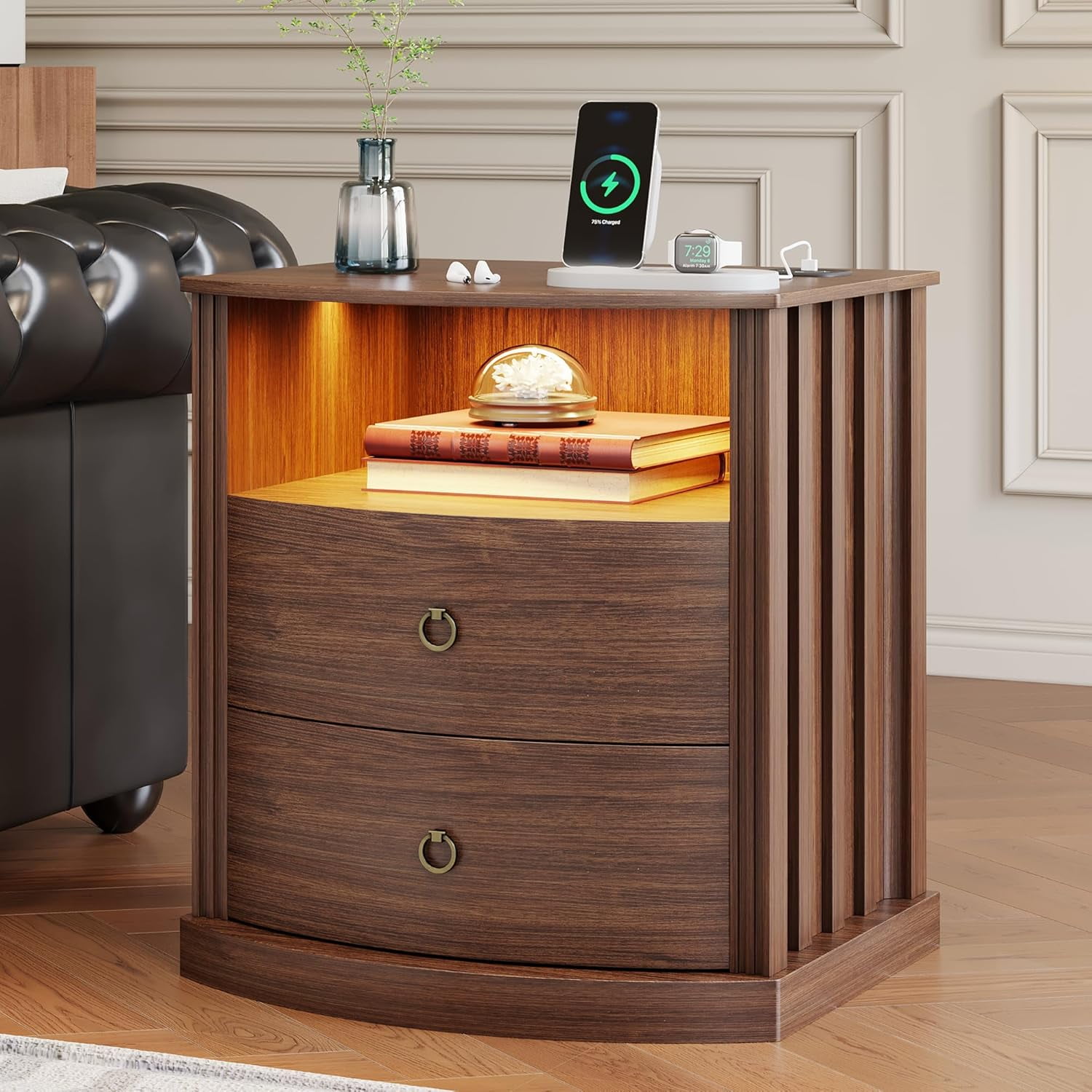 22" W Curved Nightstand with LED Lights & USB/Type-C Ports, Large ...