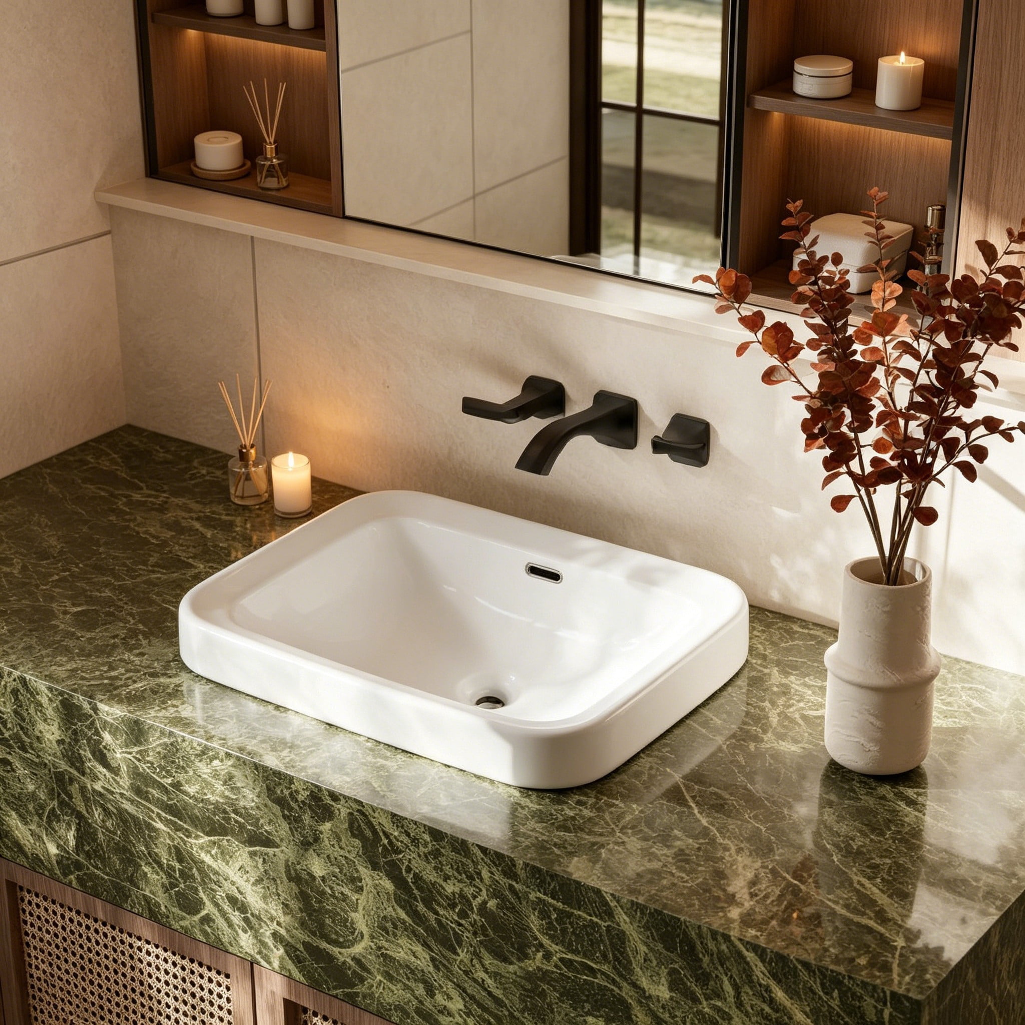 22"W x 17"D White Rectangular Semi-Recessed Vessel Sink, with Overflow ...
