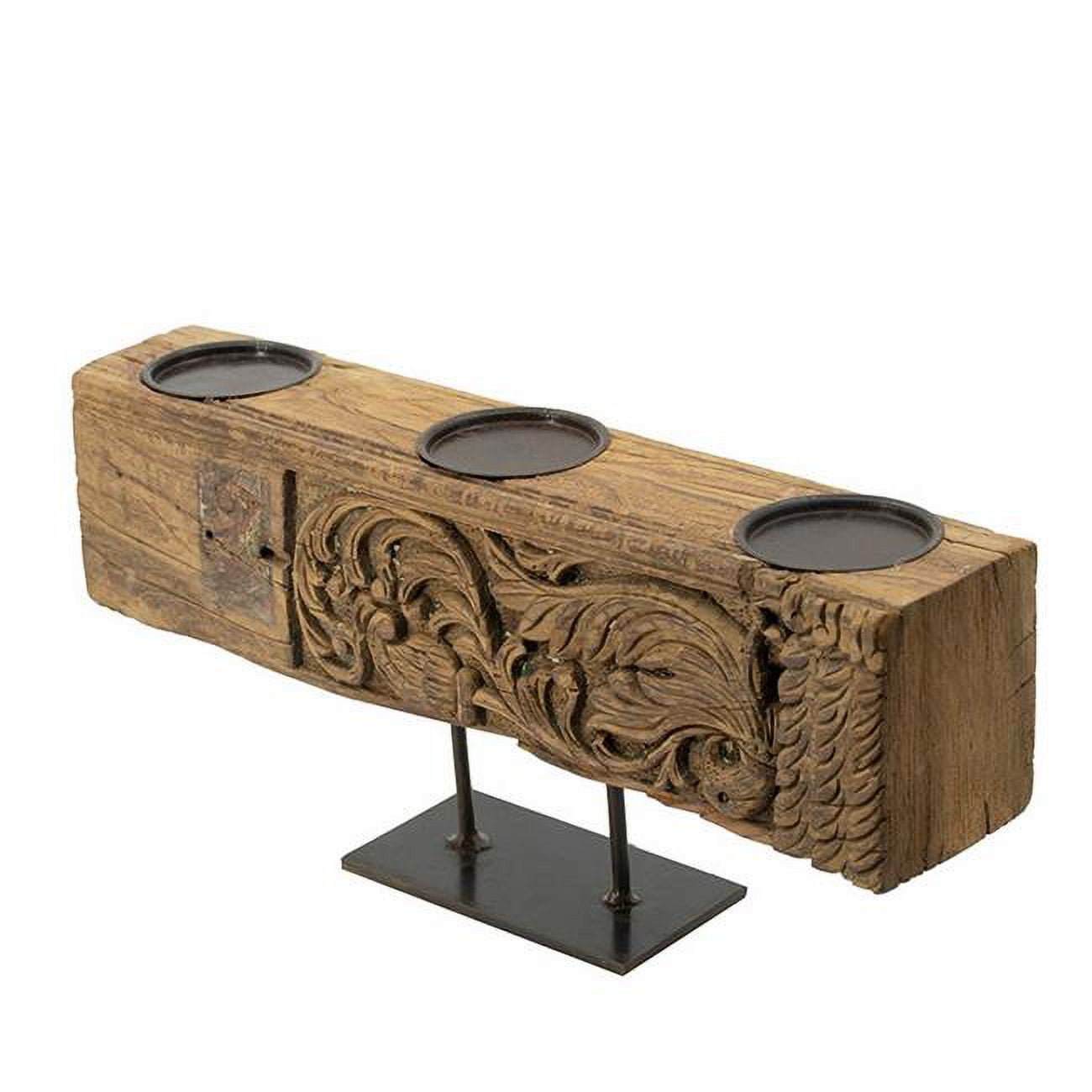 22 in. Handcarved Rustic Wood Block Base 3 Pillar Ornate Candle Holder ...