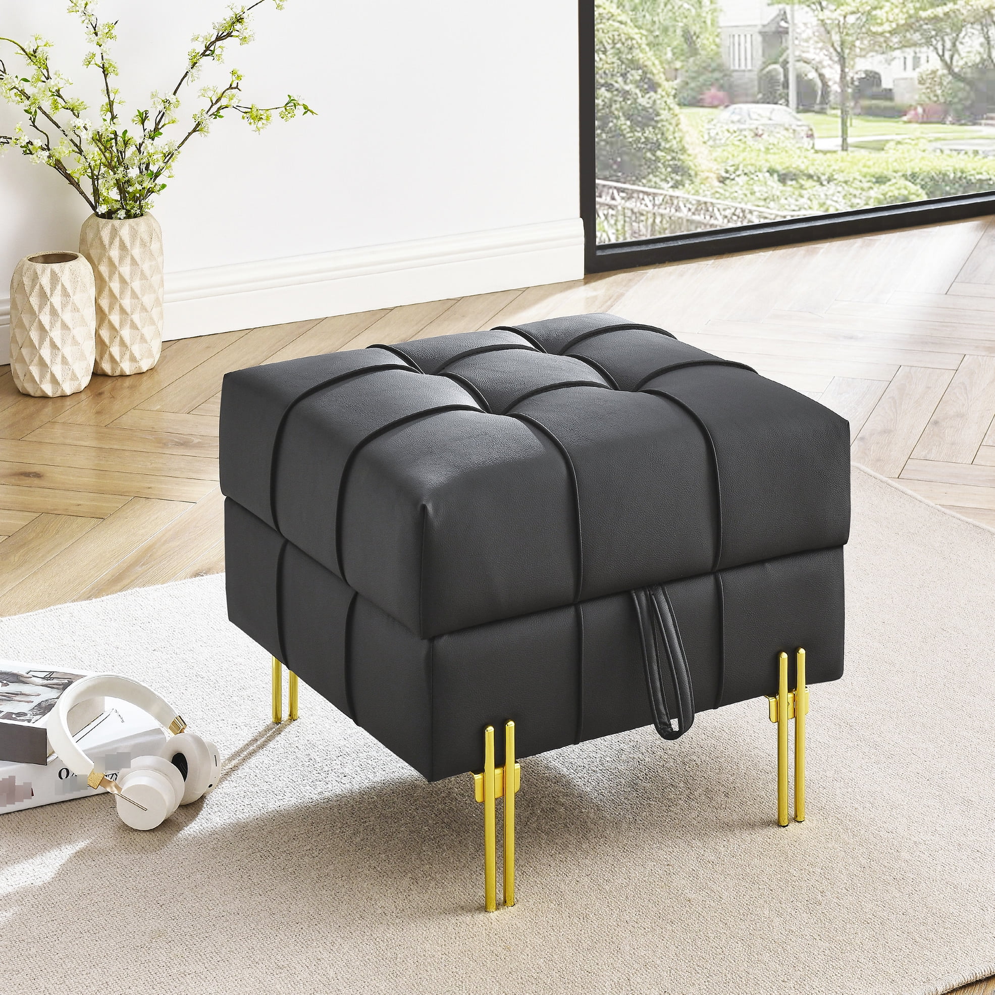 22-inch Black Scratch Leather Storage Bench - Pet- With Golden ...