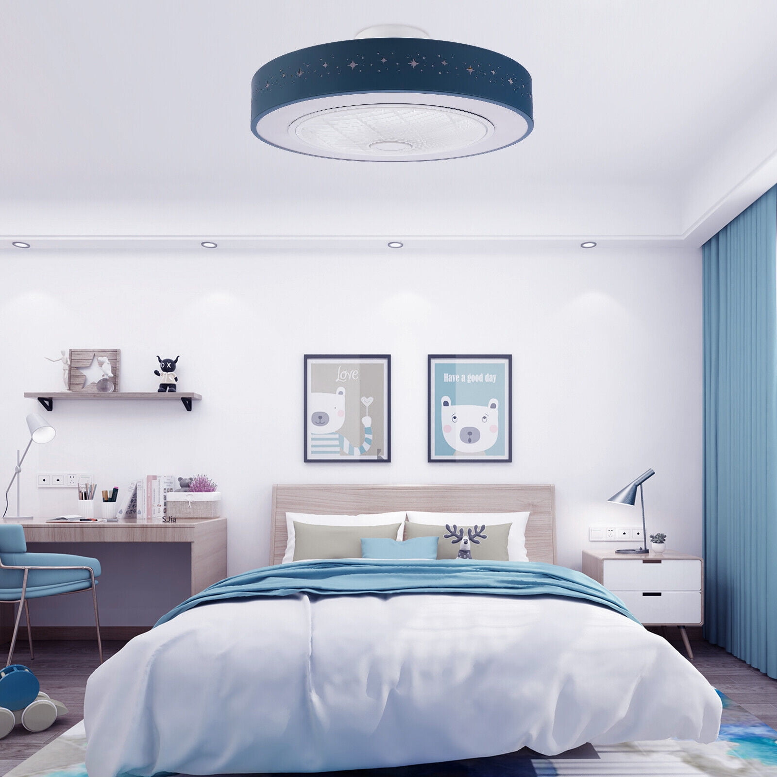 22 inch Chandelier Ceiling Fan,Blue Invisible Round Flush Mount Ceiling ...