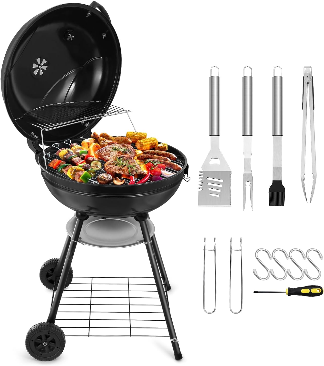 22-inch Charcoal Kettle Grill Set of 12, 2 Layer Grilling Racks Outdoor ...