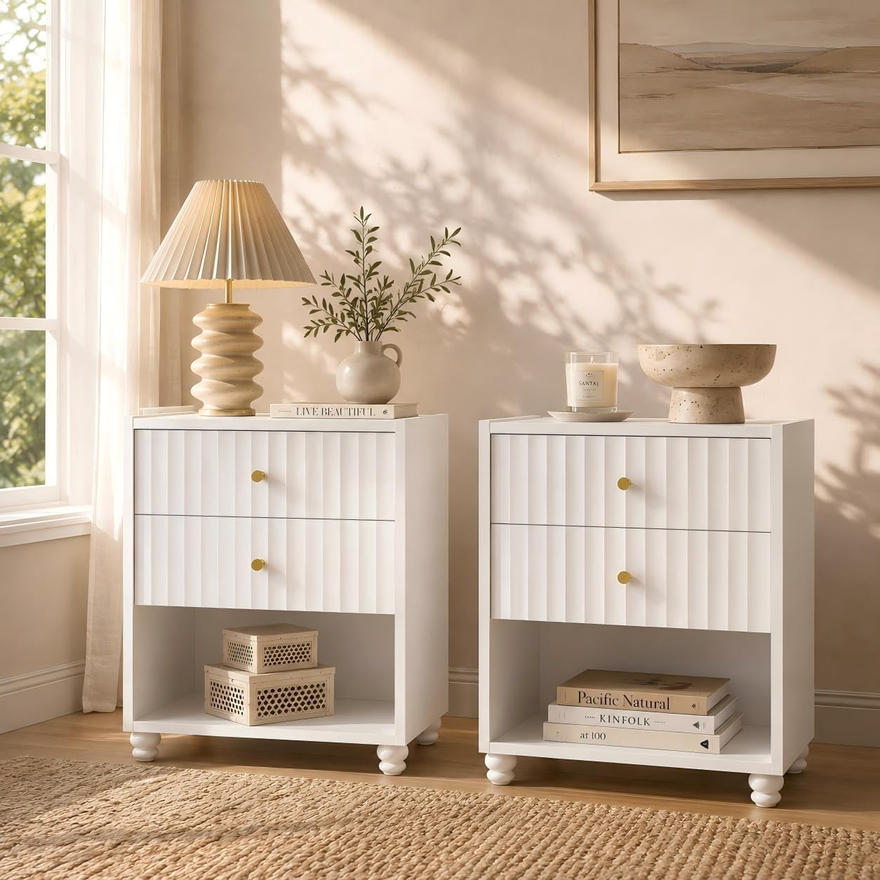 22 inch Tall White Nightstand Set of 2, Fluted Bedside Table with 2 ...