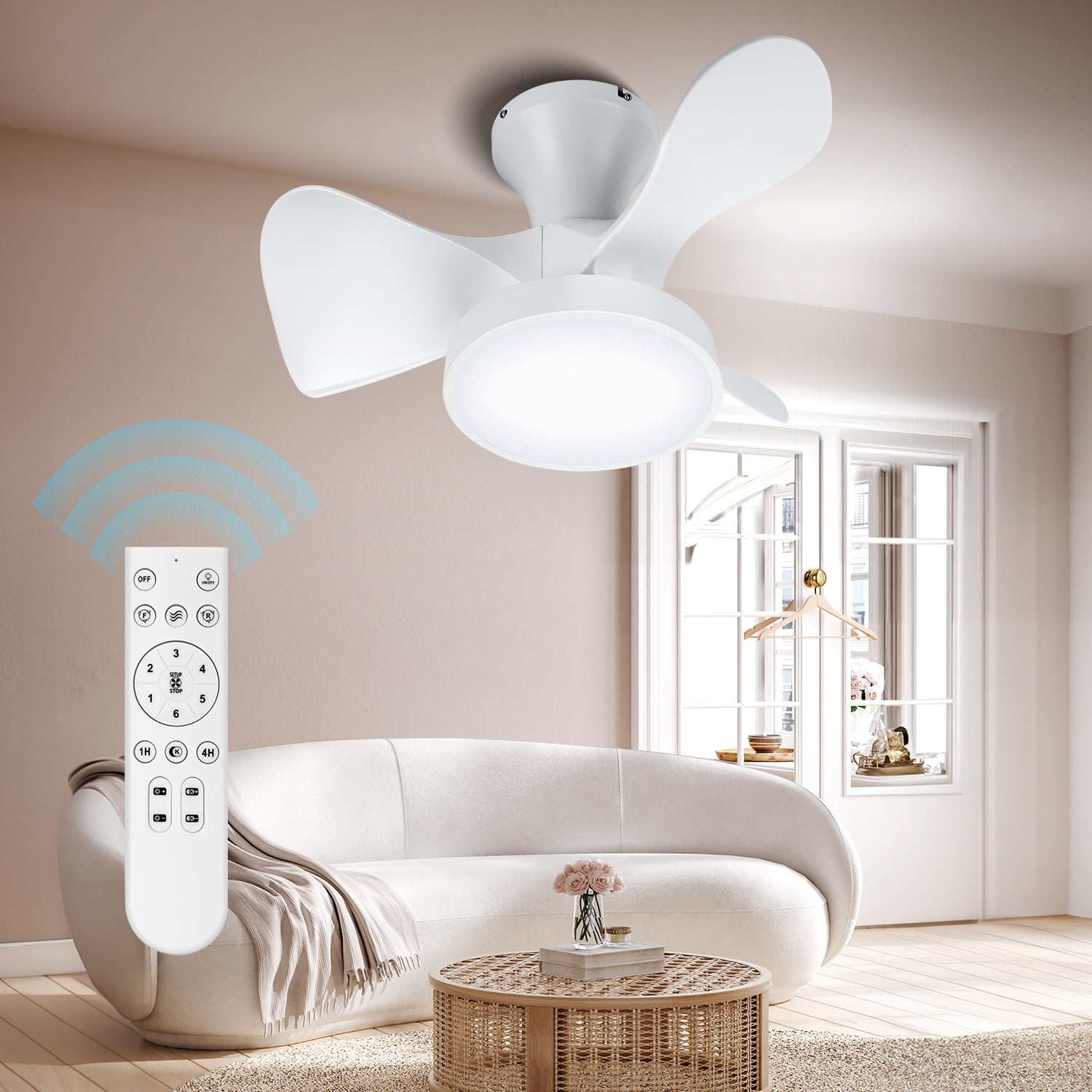 22-inch White Ceiling Fan with Lights - Low Profile, 6-Speed, Quiet, 3 ...