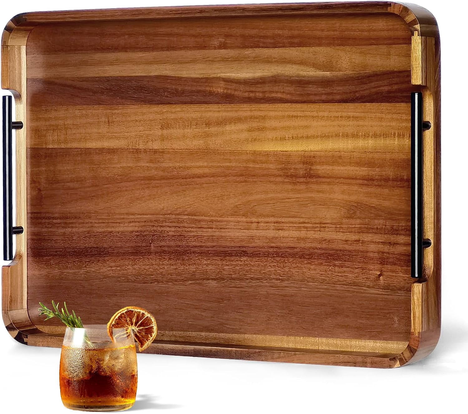 22 x 15.7 Inches Acacia Wood Serving Tray with Metal Handles, Large ...
