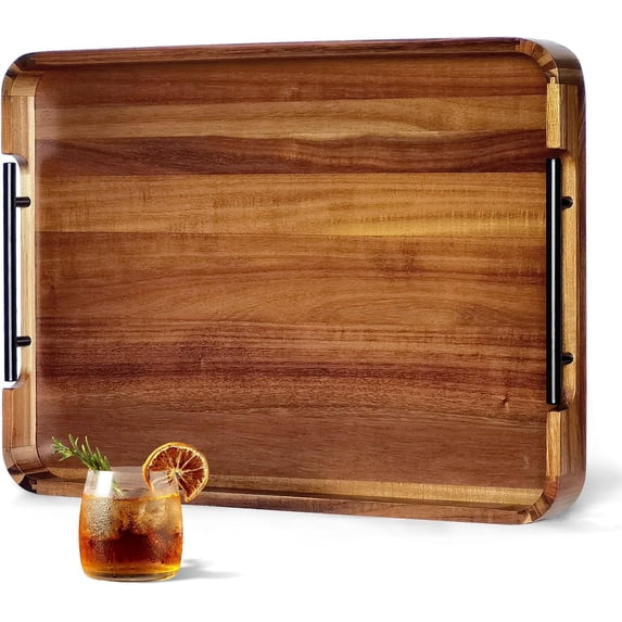 22 x 15.7 Inches Acacia Wood Serving Tray with Metal Handles, Large ...