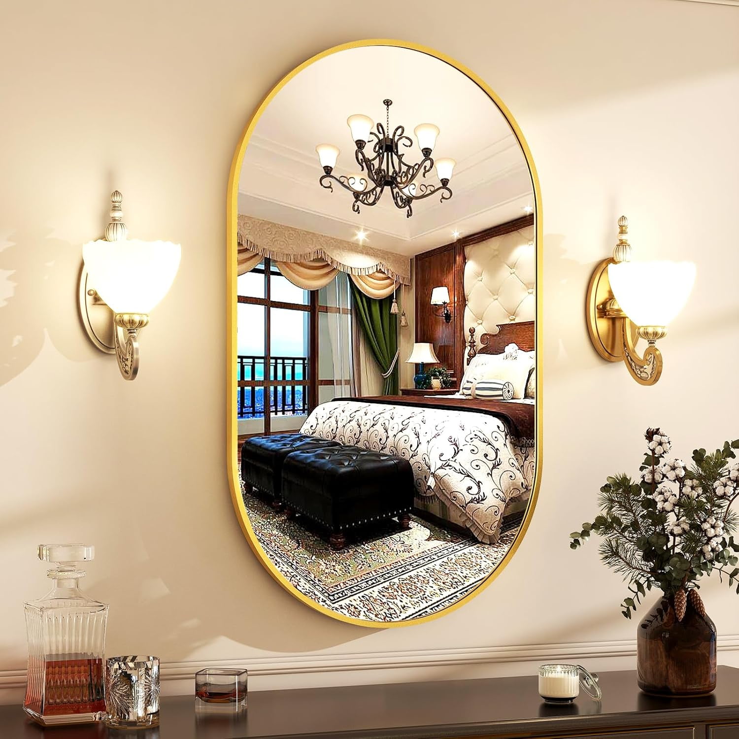 22" x 38"Oval Bathroom Mirror Wall Mounted Chic Brushed Metal Frame ...