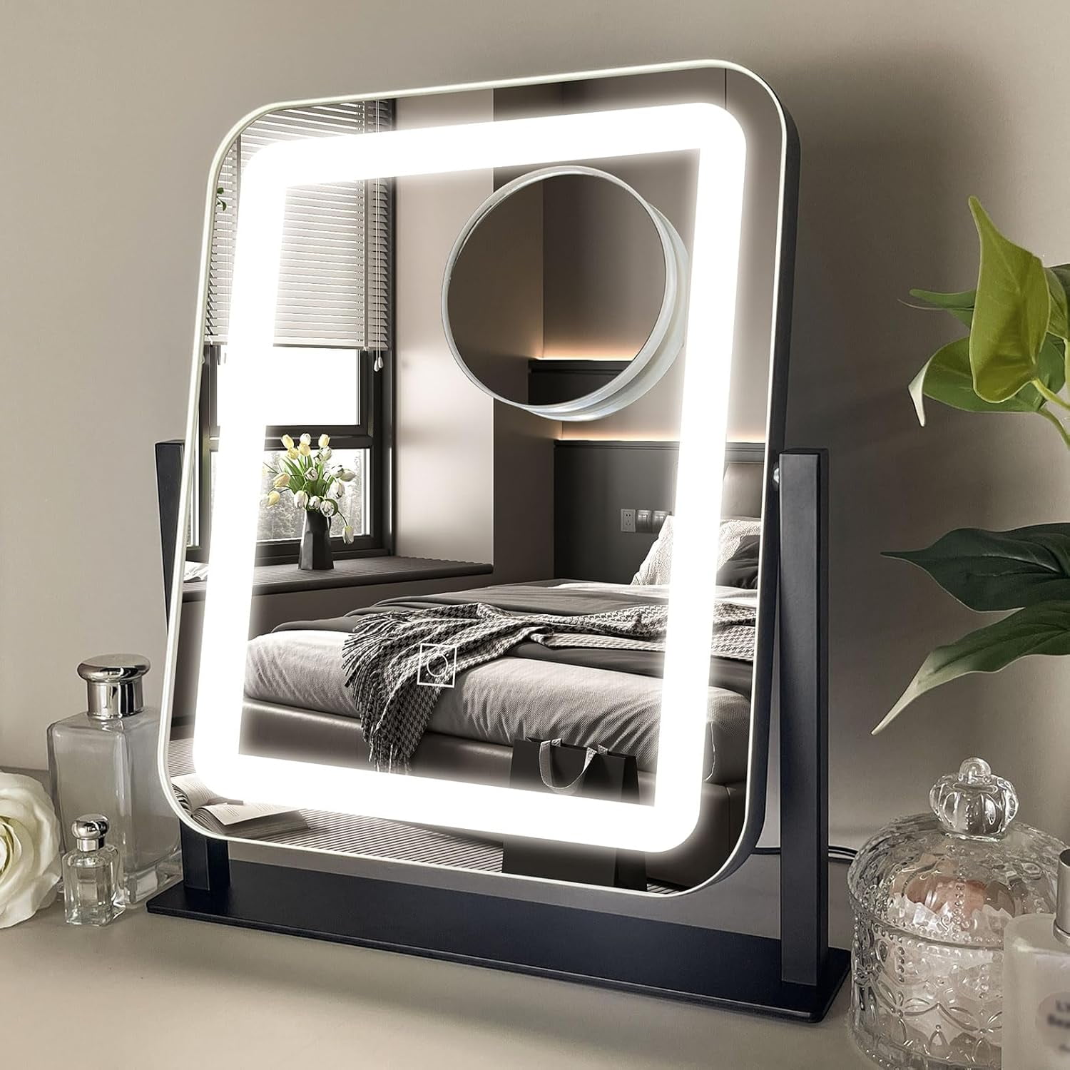 22"x20" HD Lighted Vanity Mirror with 3-Color Dimmable LED, 10X ...