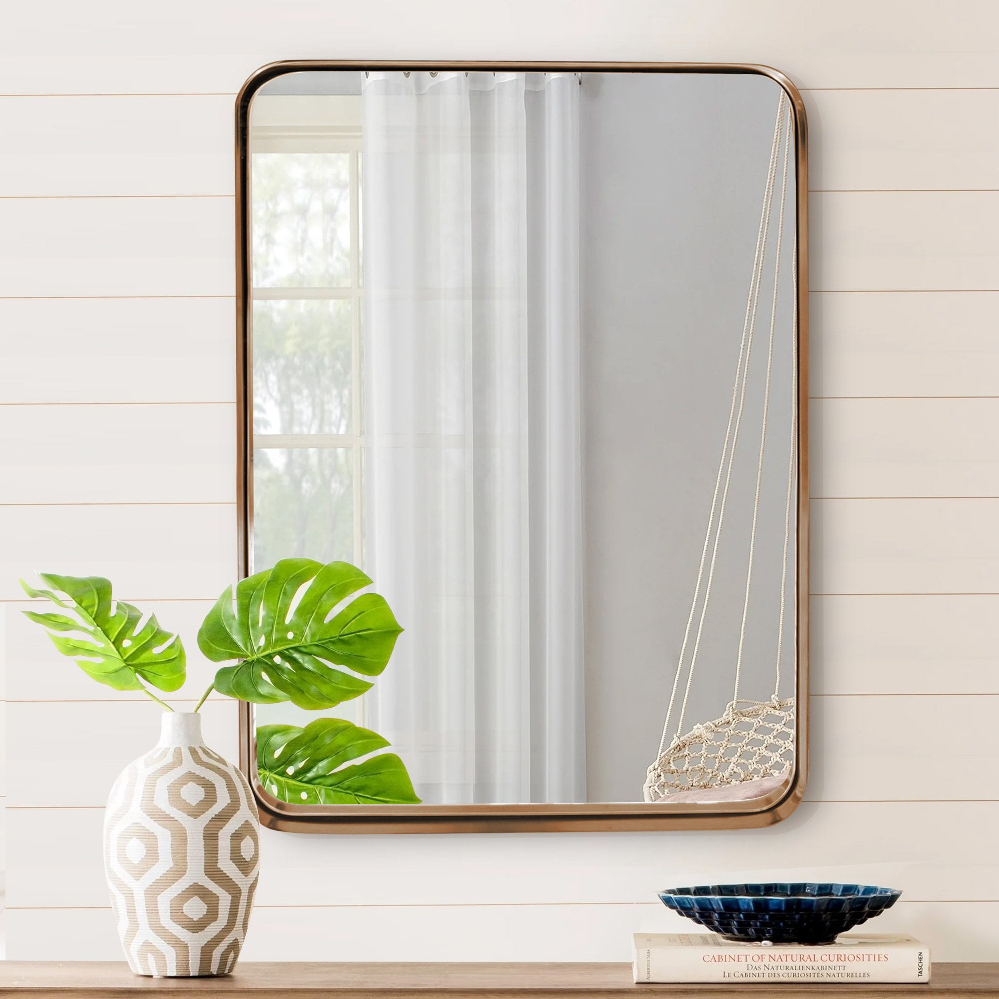 22”x30” Rectangular Gold Mirror | Hangs Horizontal or Vertical, Rounded ...