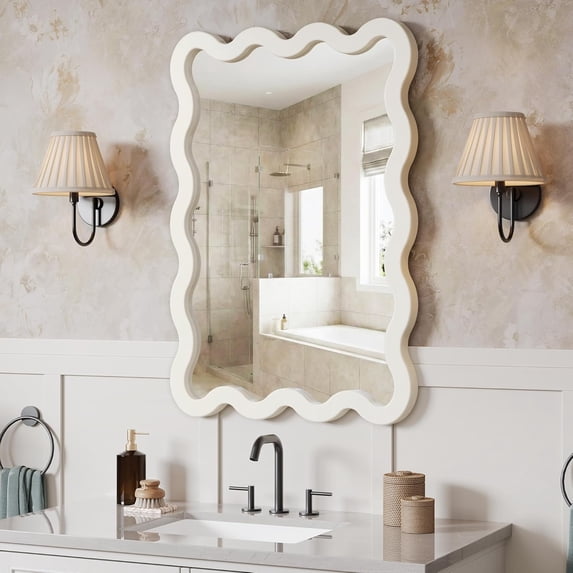 22"x30" White Wavy Wall Mirror for Vanity, Cream Solid Wood Irregular ...