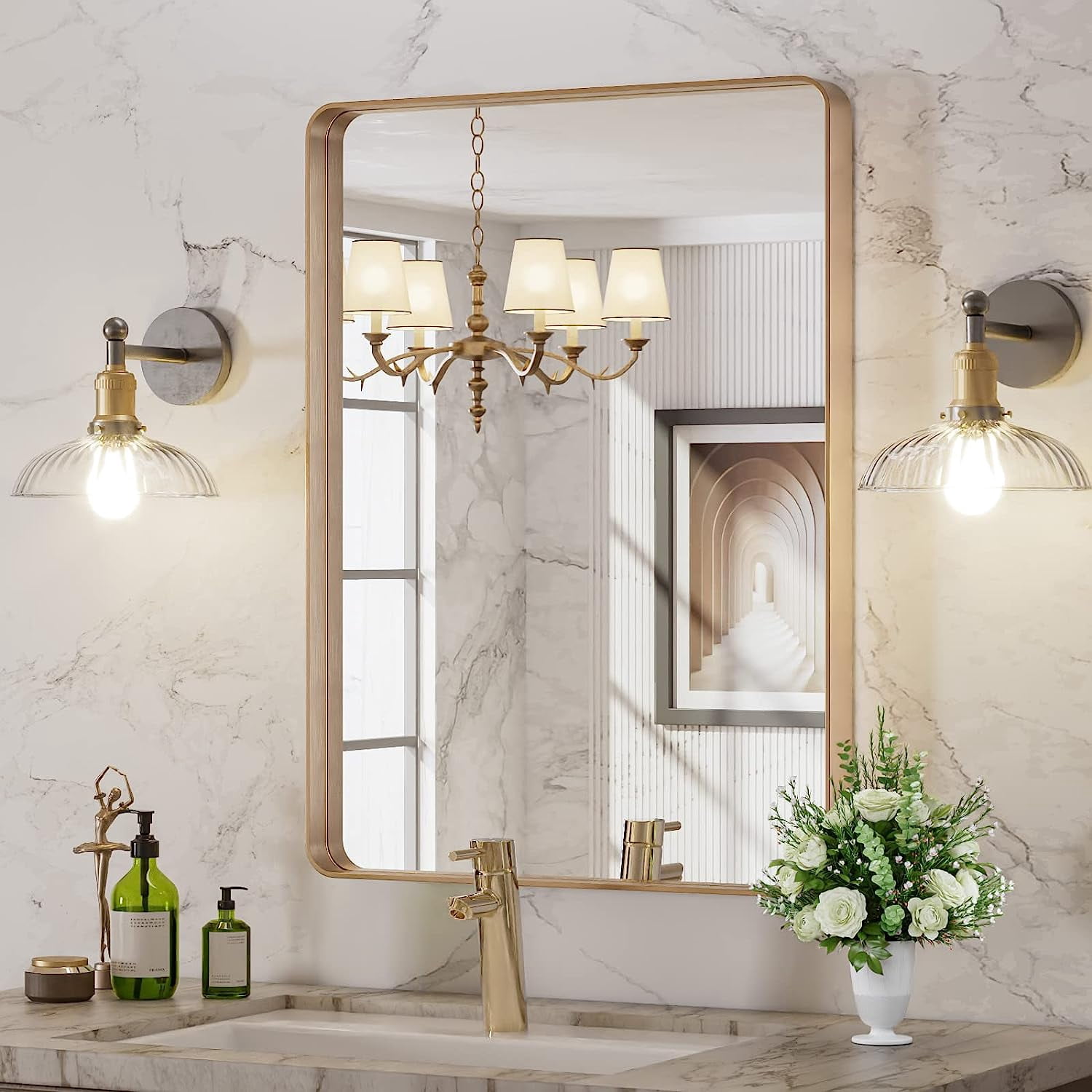 22”X30” Gold Bathroom Mirror, Rounded Rectangle Gold Frame Mirror ...