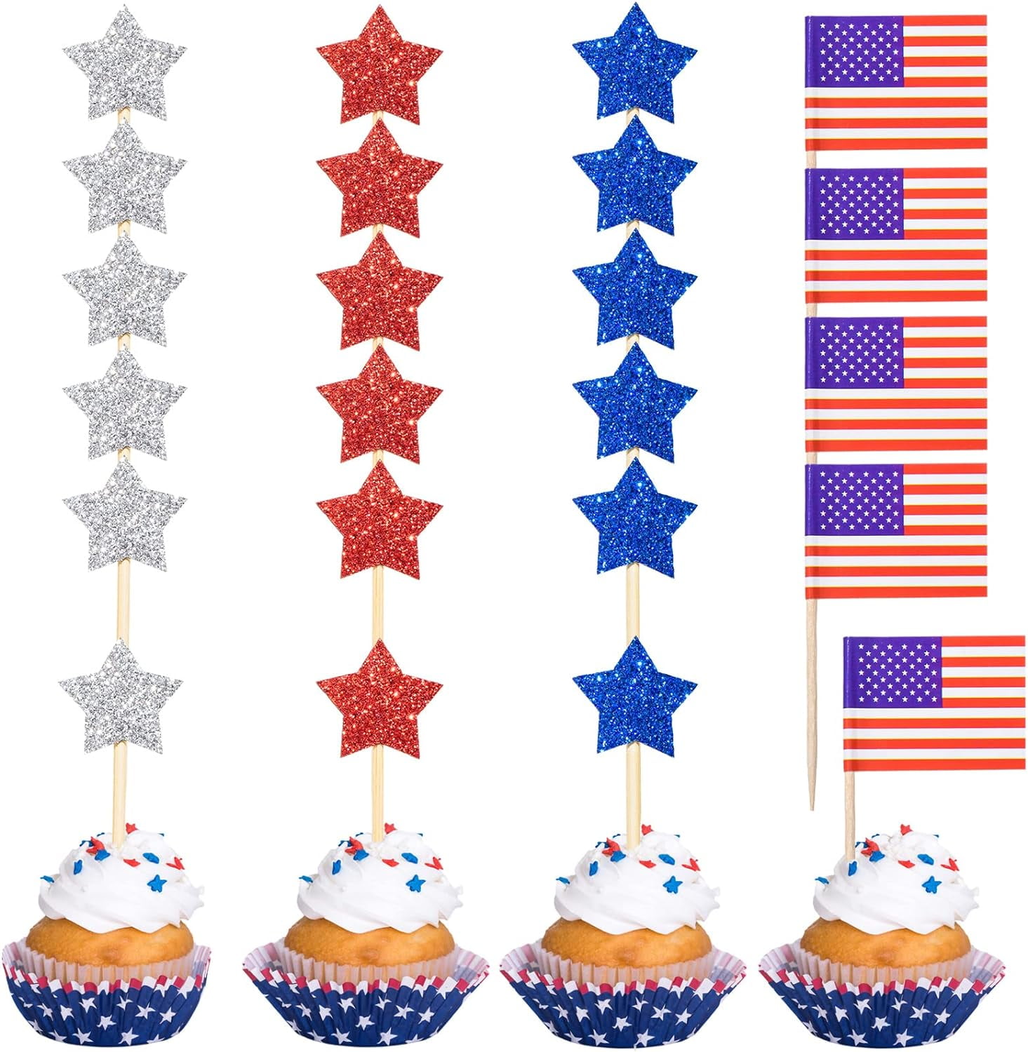 220 Pcs American Flag Patriotic Cupcake Toppers 4th of July Double ...