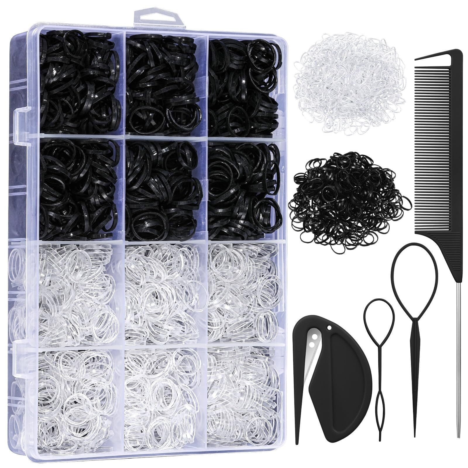 2200 Pcs Elastic Hair Bands with Hair Loop Styling Tool Set, Clear Mini ...