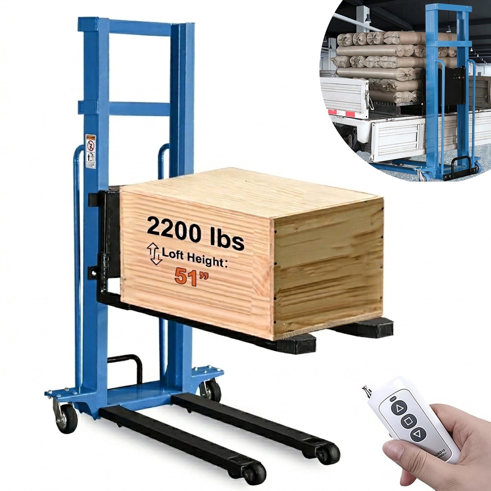 2200 lbs Electric Pallet Stacker, 51" Lift Height Portable Material ...