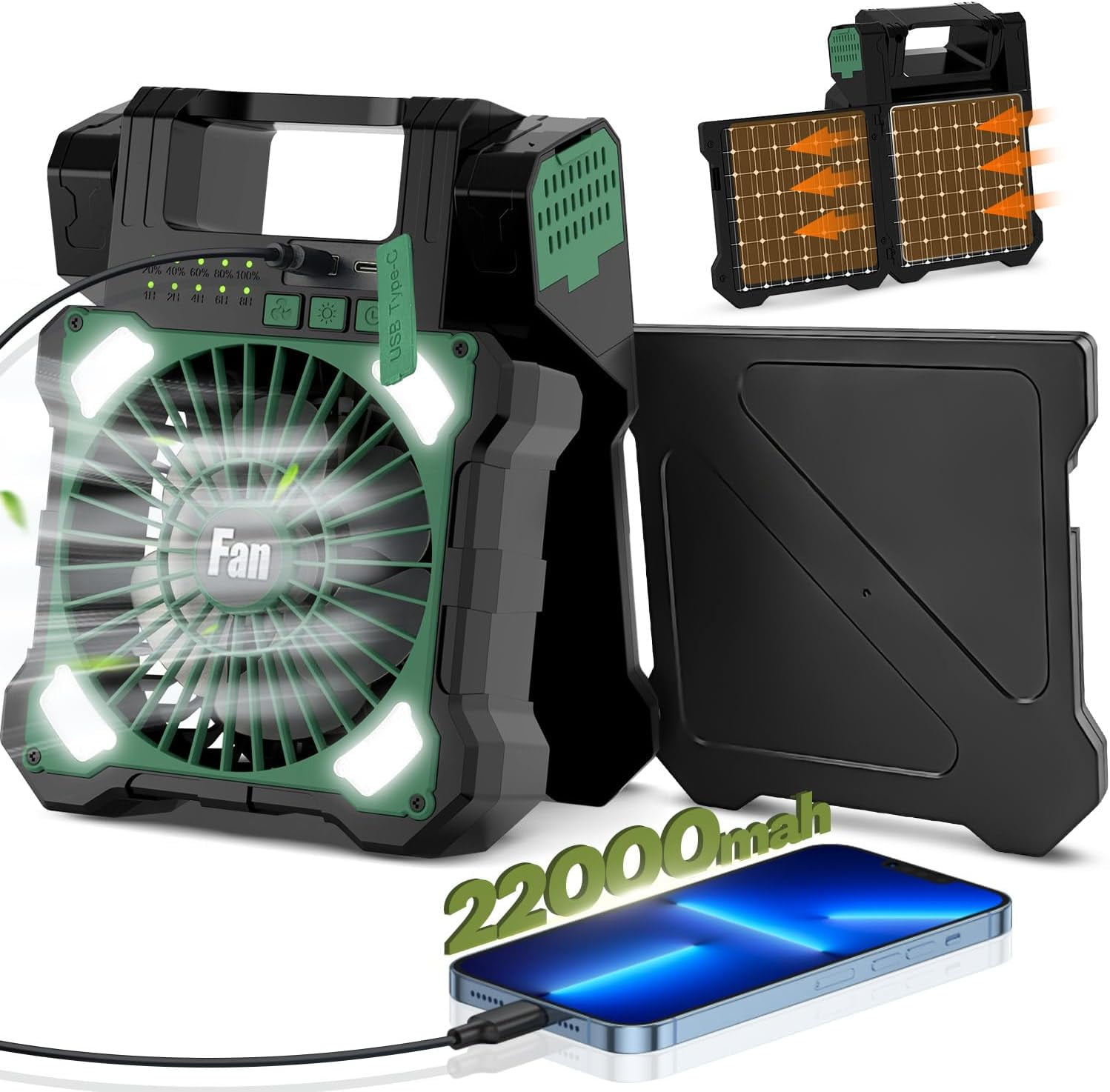 22000mAh Camping Solar Fan, Dual-Panel Rechargeable Solar Powered Fan ...
