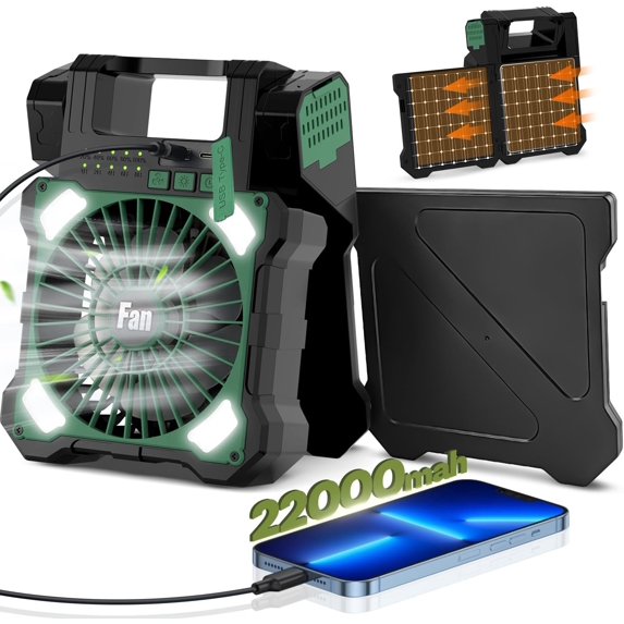 22000mAh Camping Solar Fan, Dual-Panel Rechargeable Solar Powered Fan ...