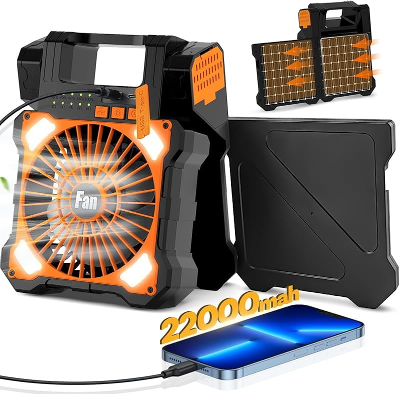 22000mAh Camping Solar Fan, Dual-Panel Rechargeable Solar Powered Fan ...