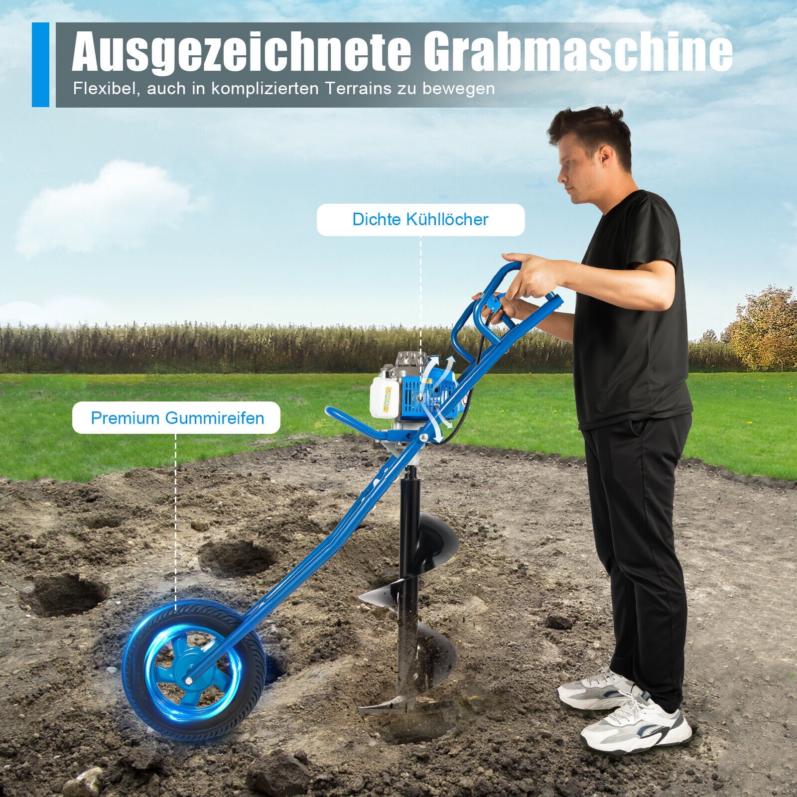 2200W 63CC 2 Stroke Post Hole Digger 3HP Gas Powered Earth Auger Borer ...