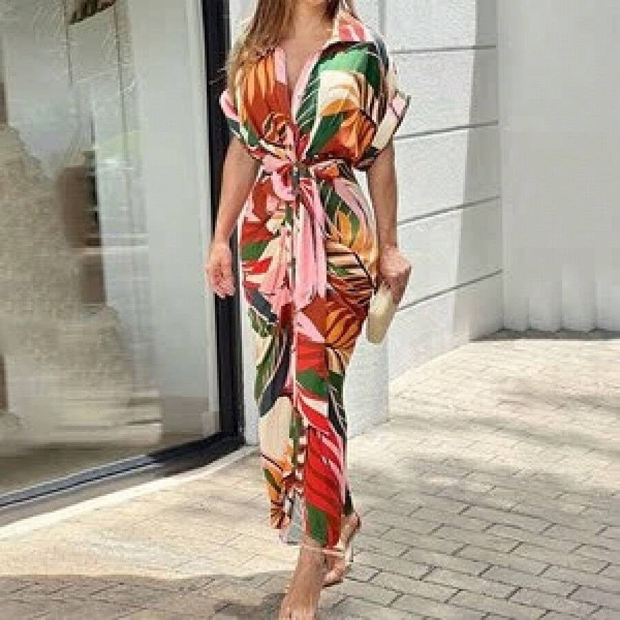 22037 Pink Womens Wrap Shirt Dress With Turn-Down Collar, High-Waisted ...