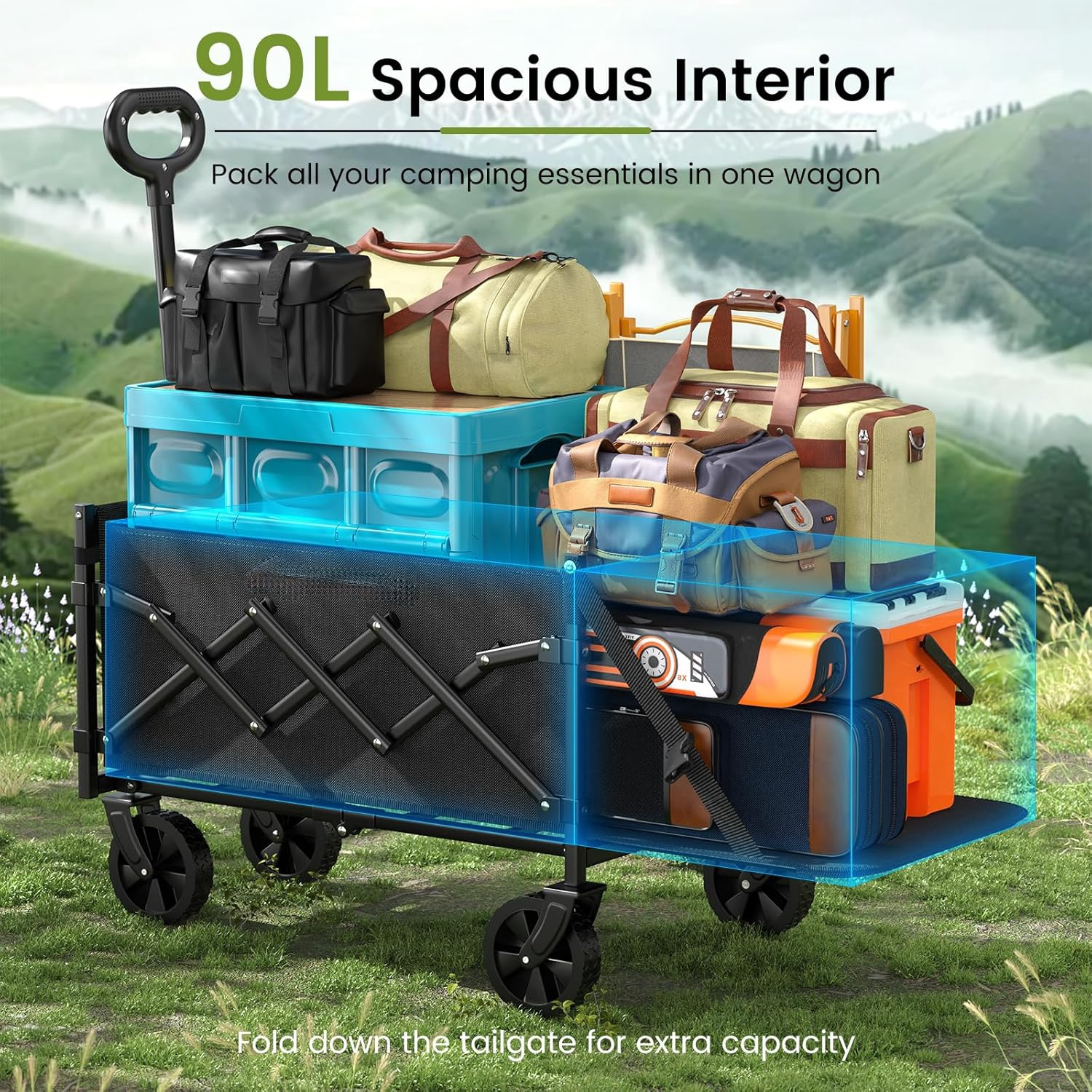 220LBS Foldable Wagon with All-Terrain Wheels, Portable Wagon Cart with ...