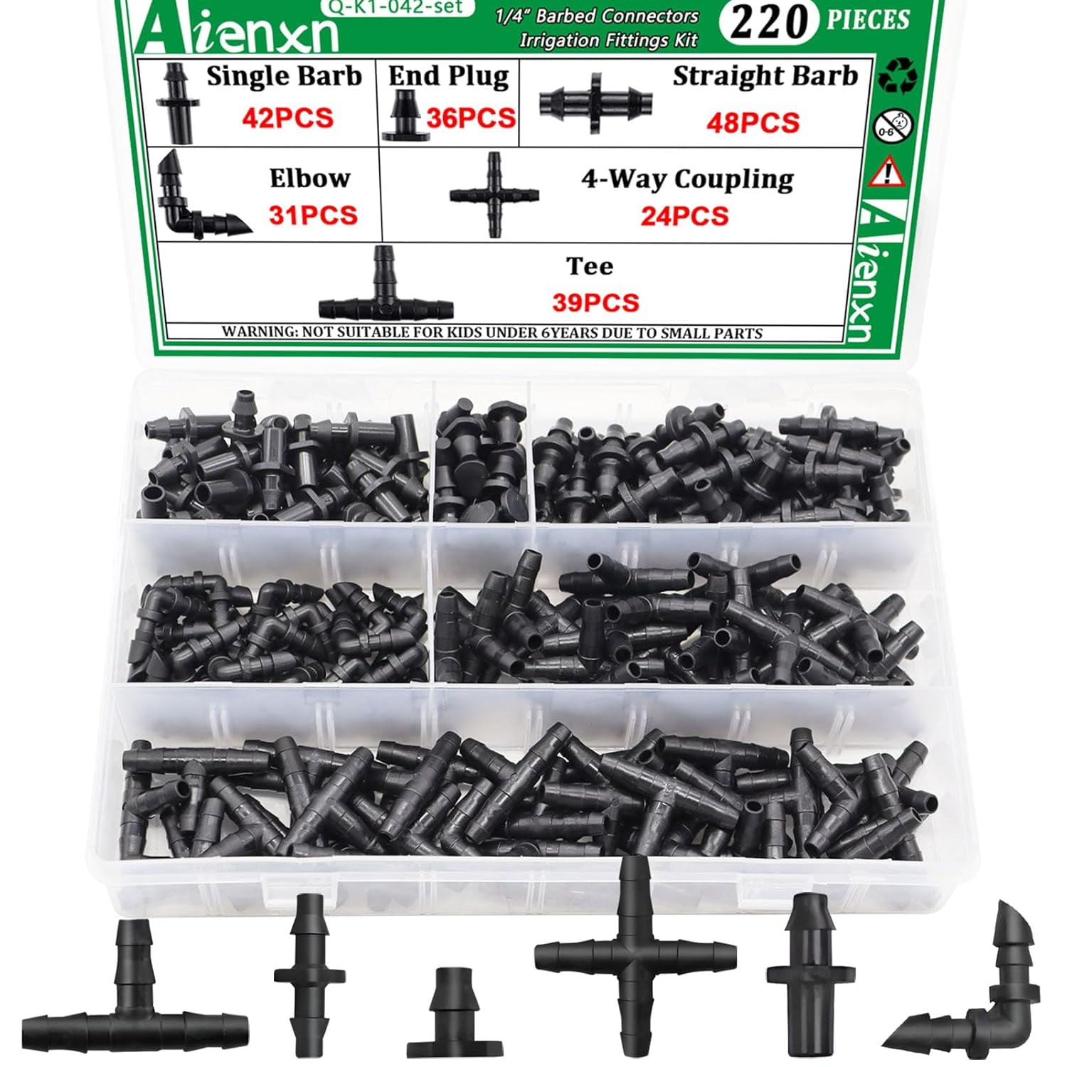 220PCS 1/4" Drip Irrigation Kit Barbed Connectors, Straight Barb, Tee ...