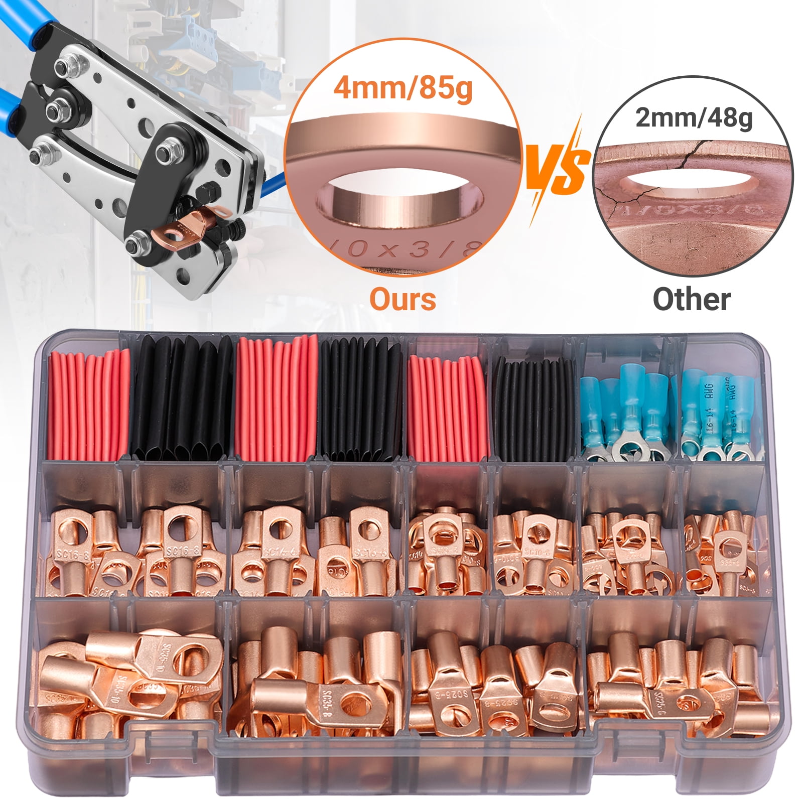 Filluck 220PCS Copper Wire Lugs, Heavy Duty Battery Cable Ends AWG 2 4 6 8 10 12 with Heat ...