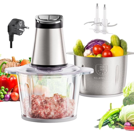 220V EU Plug 3L Dual Bowl Food Prep Processor with 2 Blades, 2-Speed ...