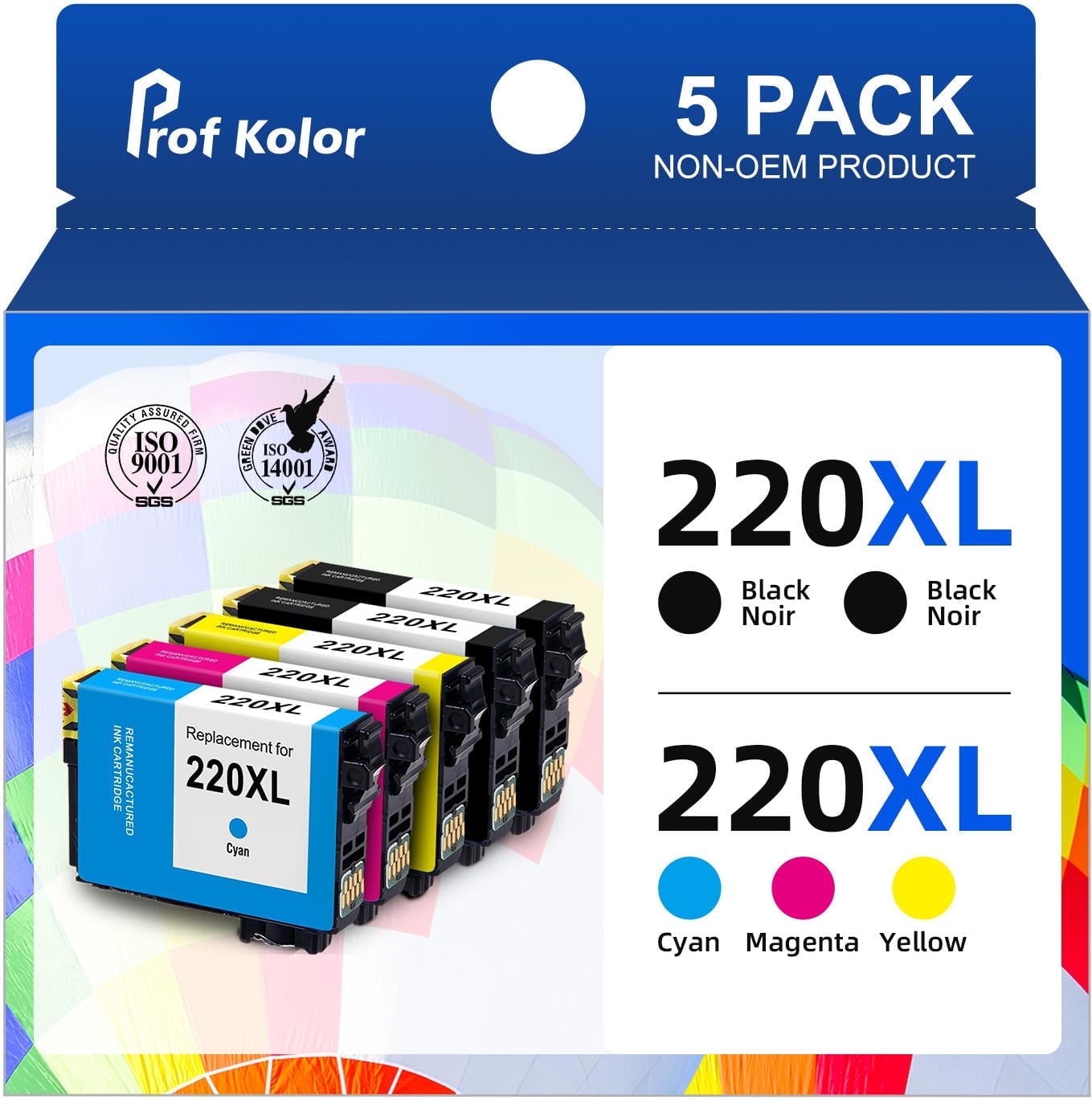 Epson 220XL Ink Cartridges 5-Pack(2B,1C,1M,1Y) for WF-2760, WF-2750, WF-2650, WF-2630, XP-420 ...