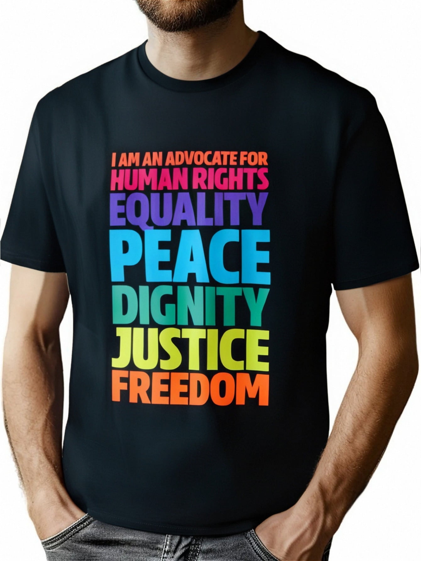 220g Cotton Printed Short-sleeved T-shirt with Round Neck Men's Black T-shirtHuman Rights I Am ...