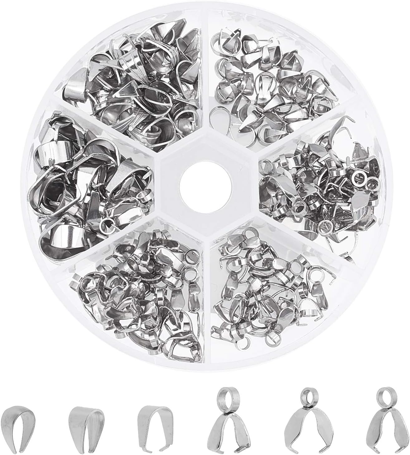 220pcs 6 Sizes Stainless Steel Snap on Bails Ice Pick Pinch Bails ...