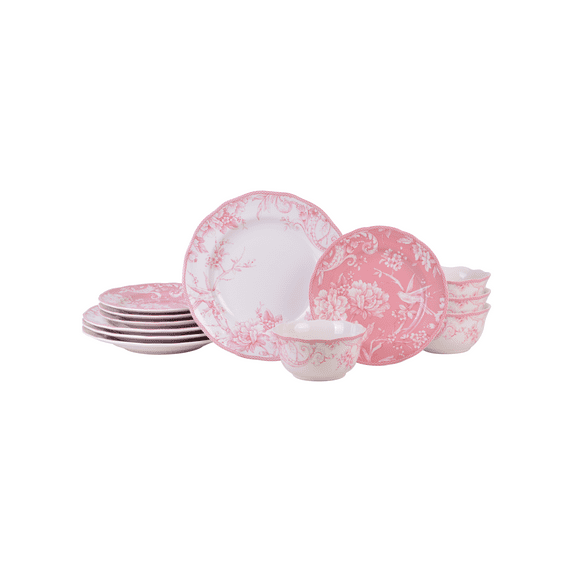222 Fifth Adelaide Round Porcelain Dinnerware Set, 12-Piece, Pink Blush ...