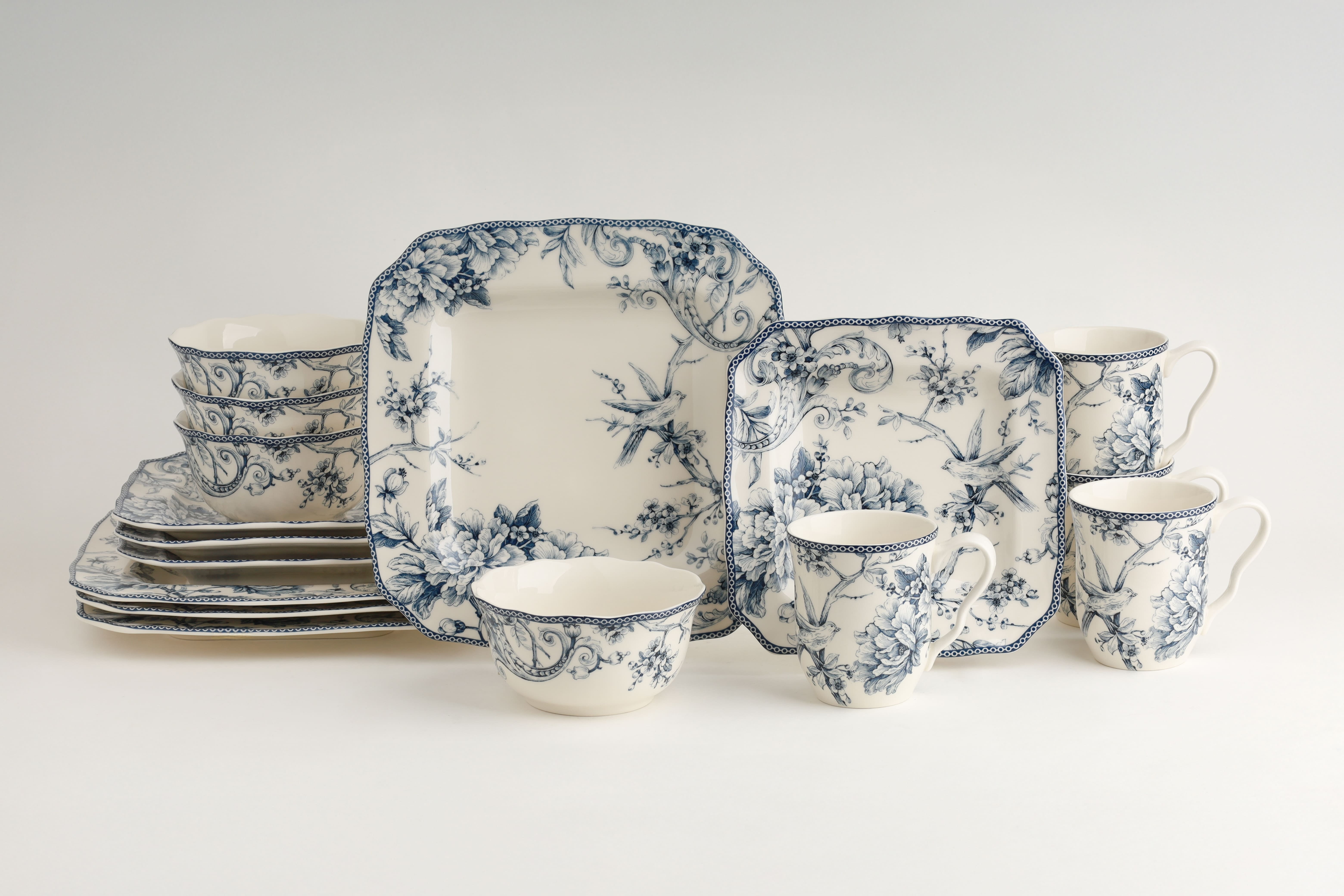 222 Fifth Adelaide Blue Toile 16-Piece Porcelain Dinnerware Collection ...