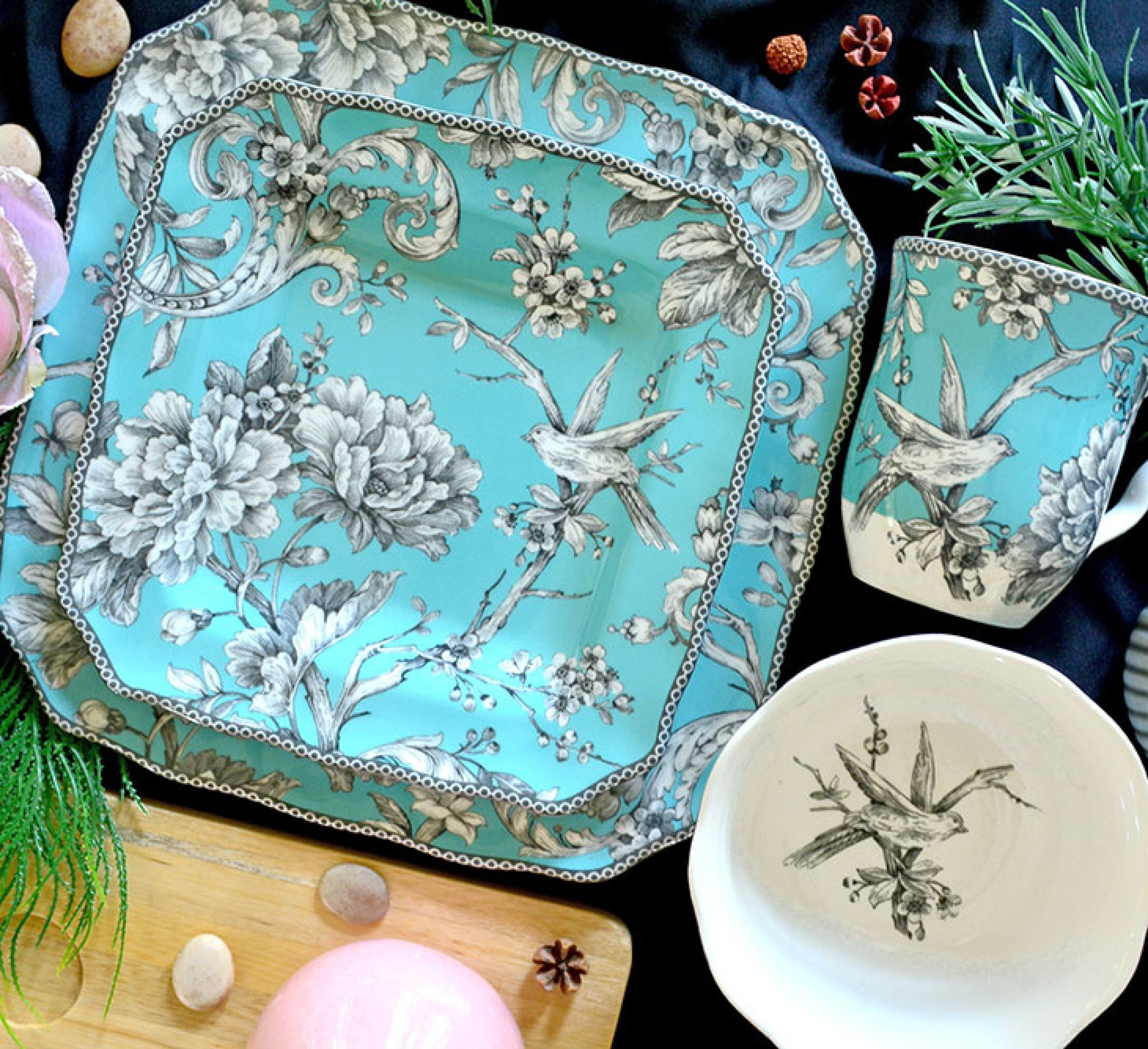 222 Fifth Adelaide Square Porcelain Dinnerware Set, 16-Piece, Turquoise ...