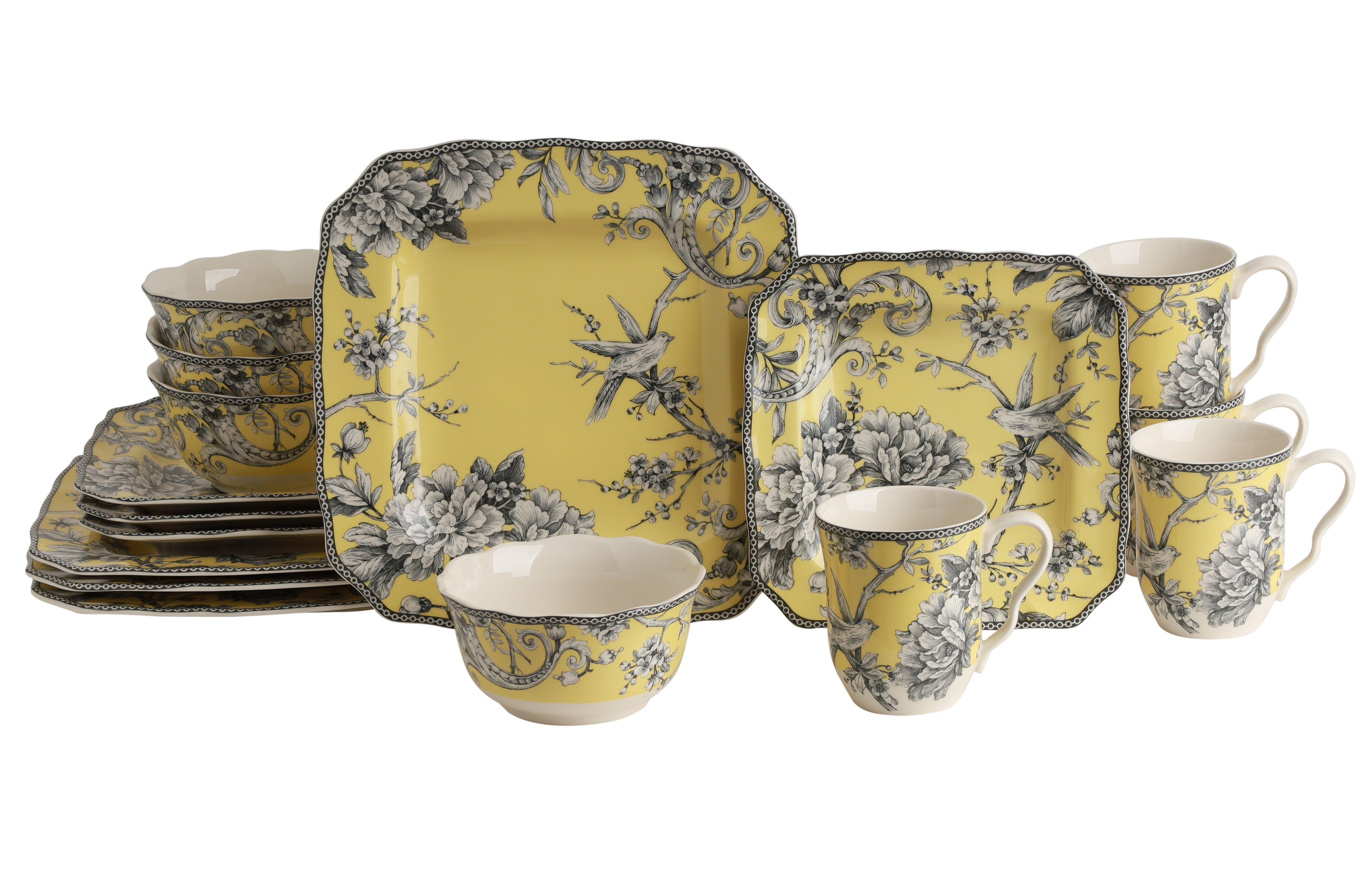 222 Fifth Adelaide Yellow Porcelain Dinnerware Set, 16 Piece with ...