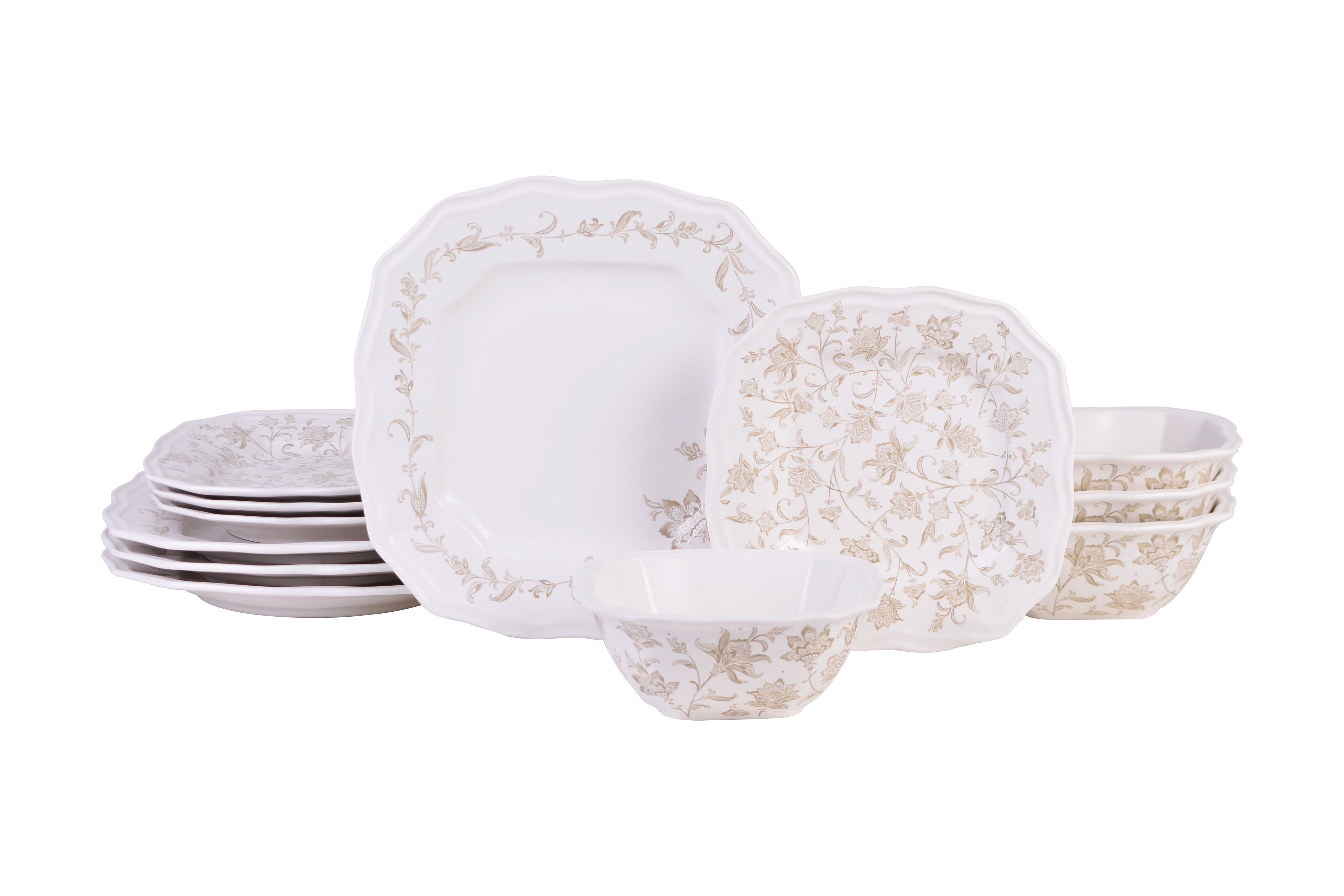 222 Fifth Batik Toile Taupe Porcelain 12-Piece Dinnerware Set, with ...