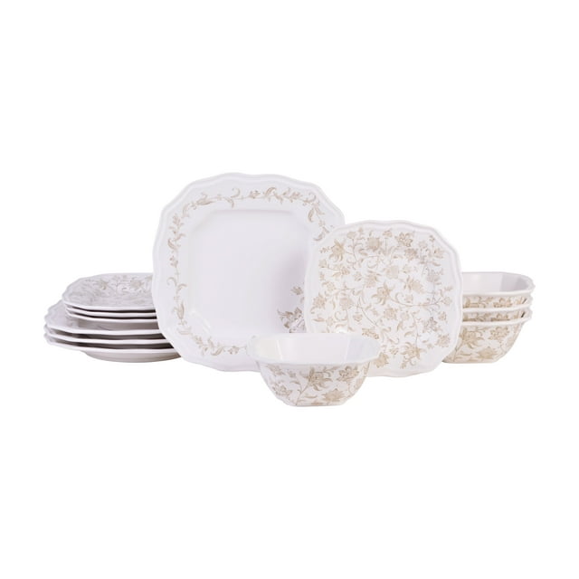 222 Fifth Batik Toile Taupe Porcelain 12-Piece Dinnerware Set, with ...