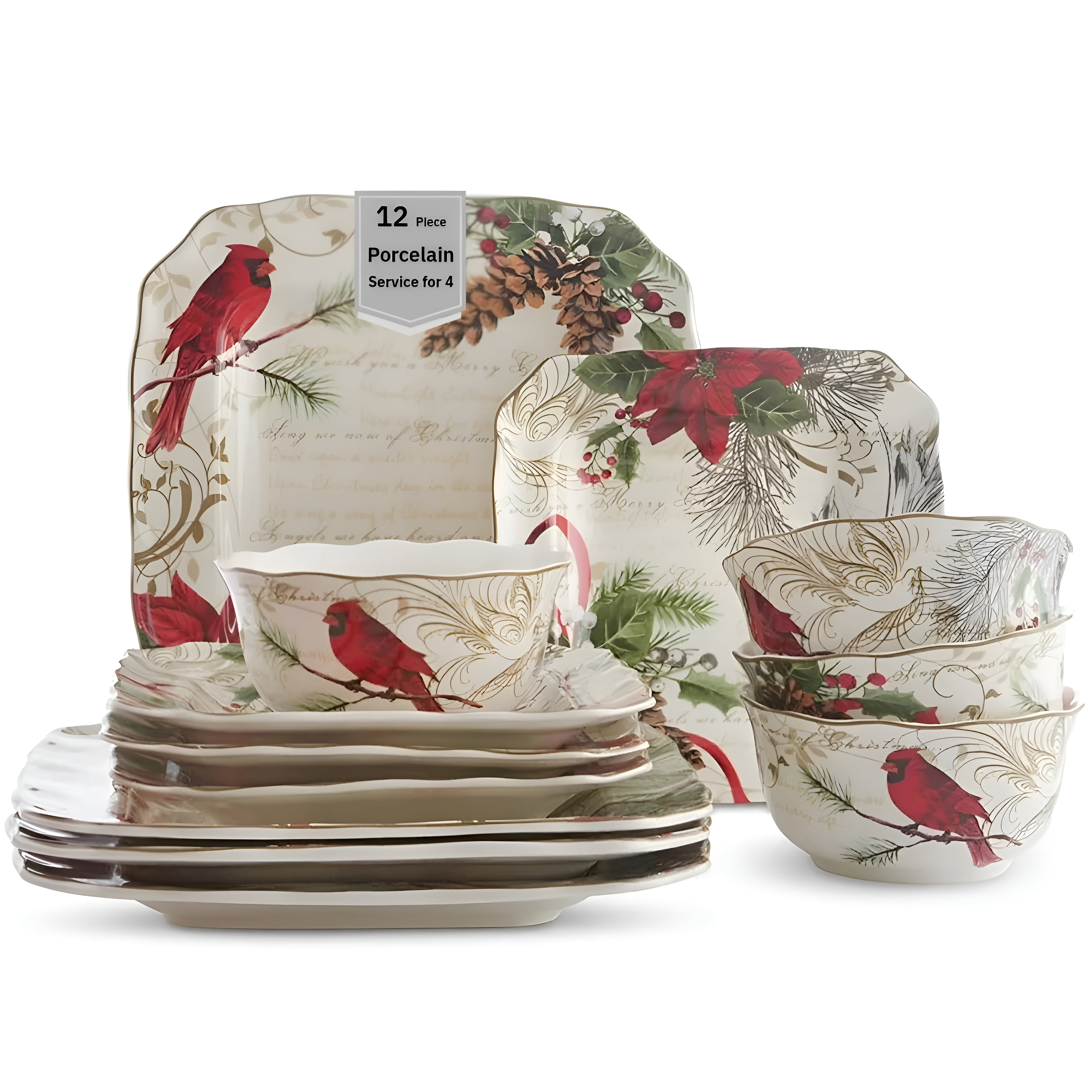 222 Fifth Holiday Wishes 12-Piece Porcelain Dinnerware Set, Red/Green ...