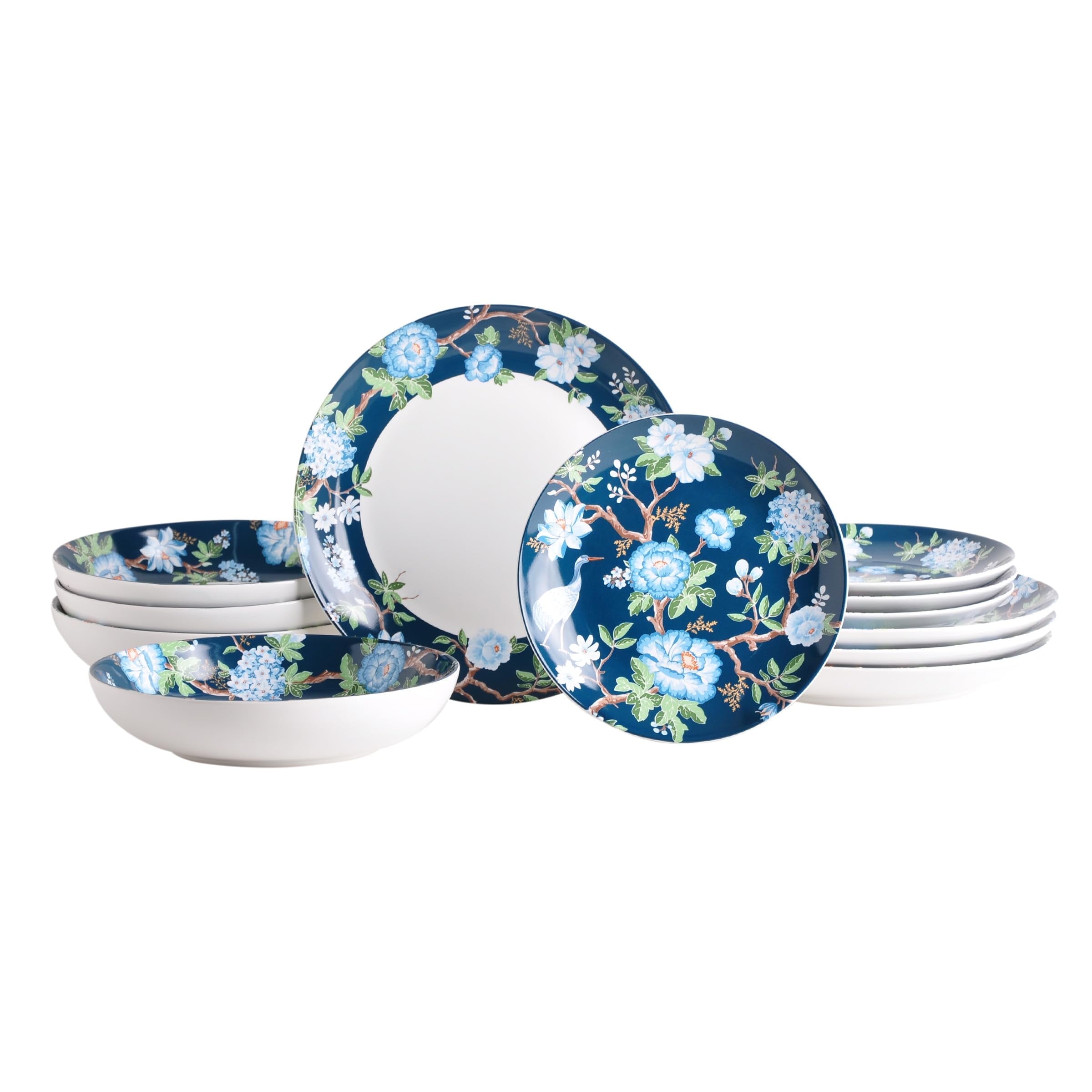 222 Fifth Nightingale 12-Piece Blue Porcelain Dinnerware Set with ...