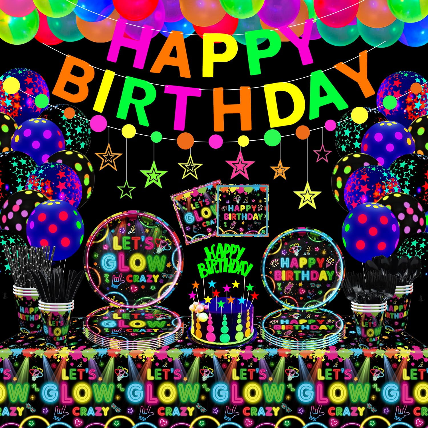 222 Pack Glow Party STF9 Tableware Set Glow Neon Party Supplies Neon ...