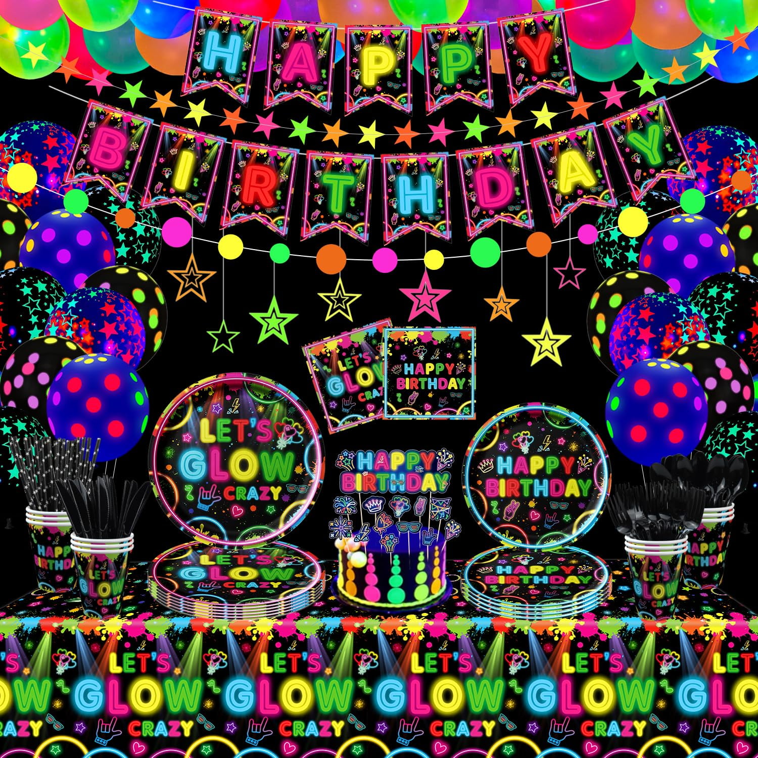 223 Pack Glow Neon MMF7 Party Supplies Glow Party Tableware Set Neon ...