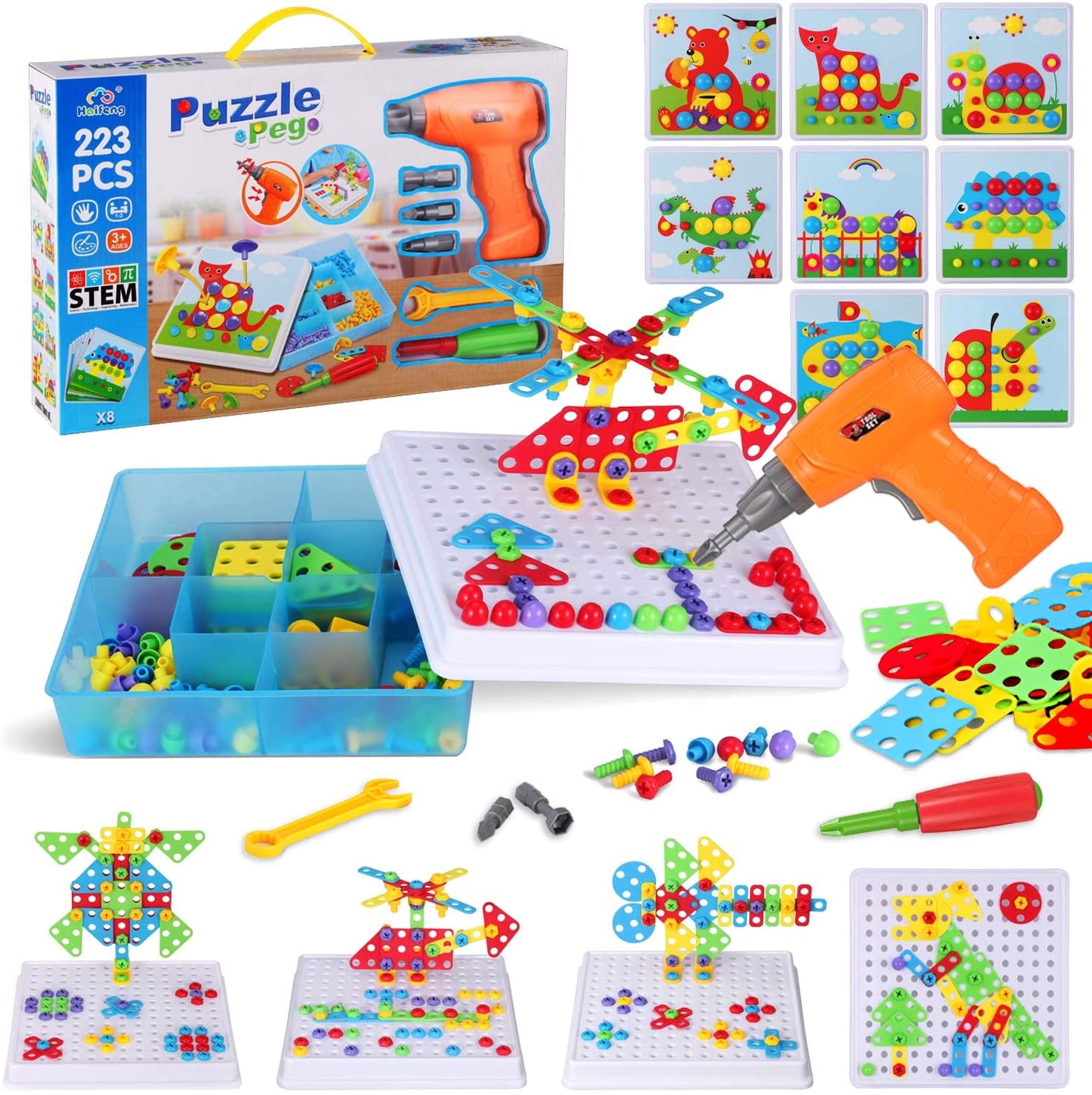 223-Piece STEM Engineering Blocks, Mosaic Drill Set for Kids 3-10 Years ...