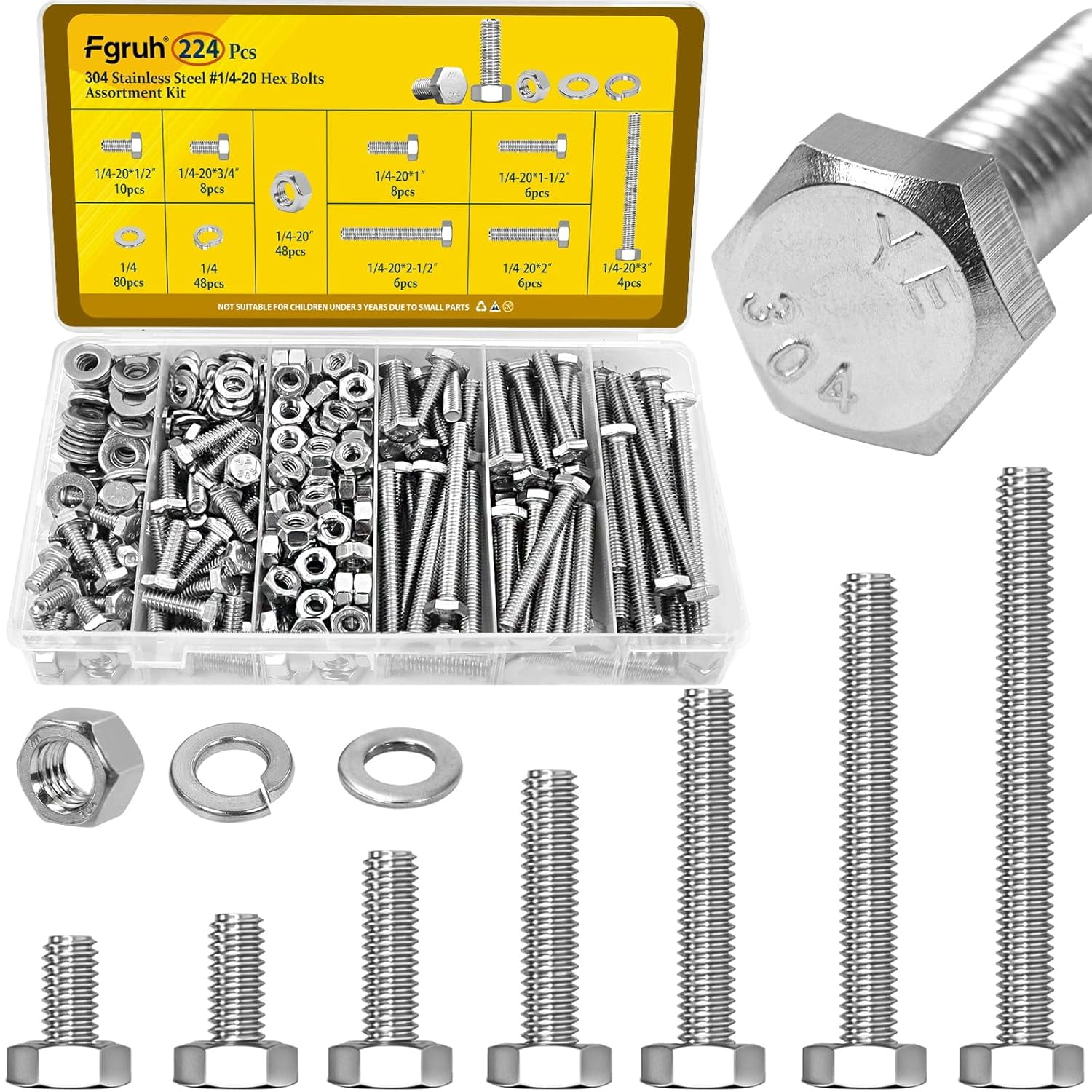 224PCS 1/4''-20 Hex Bolts and Nuts Assortment Kit,1/4-20 x 1/2'', 3/4 ...