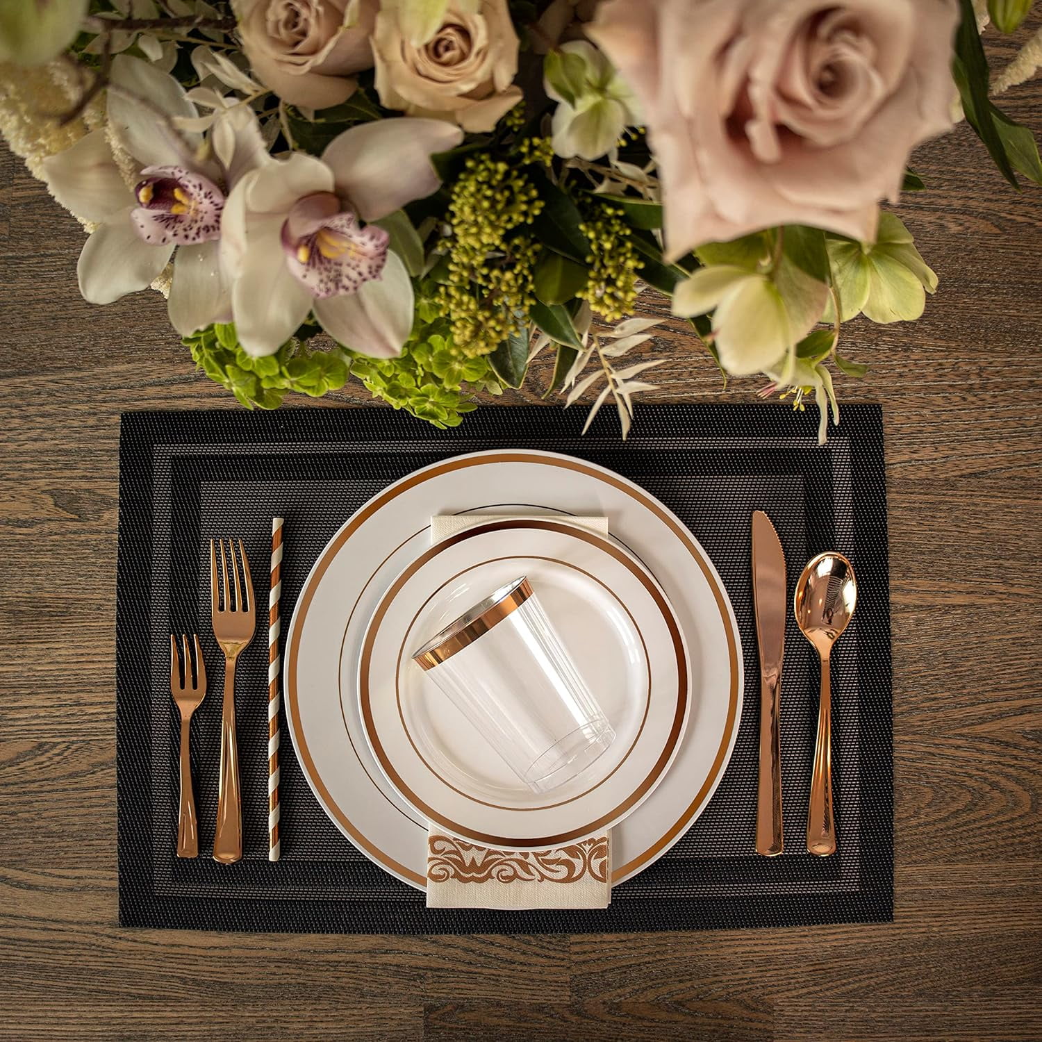 225 Pcs Rose Gold Rim Plastic Dinnerware Set (25 Guests) | 25 x (Dinner ...